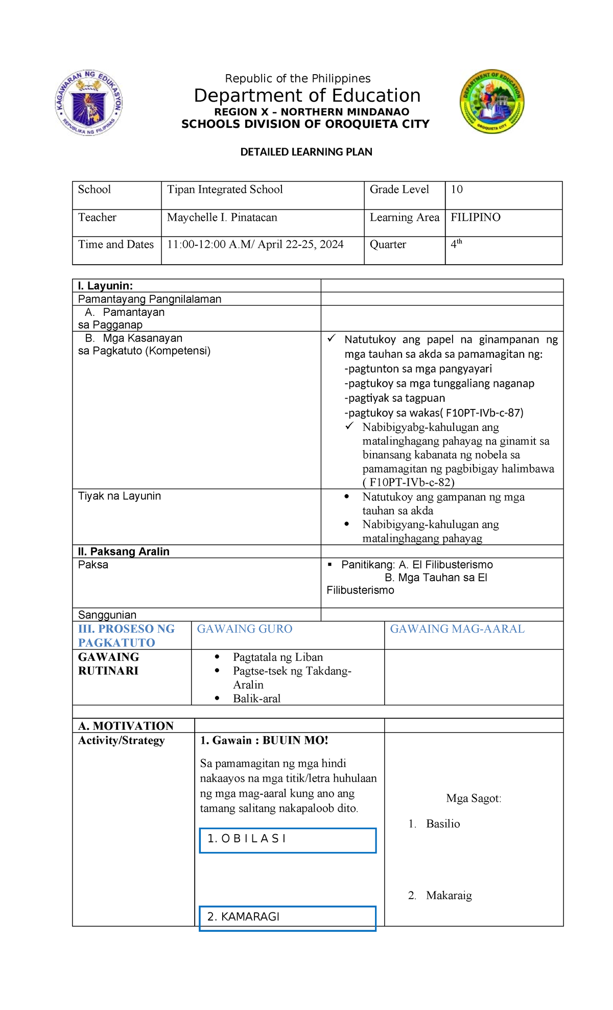 4a's lp g10 april 22-25, 2024 - Republic of the Philippines Department ...