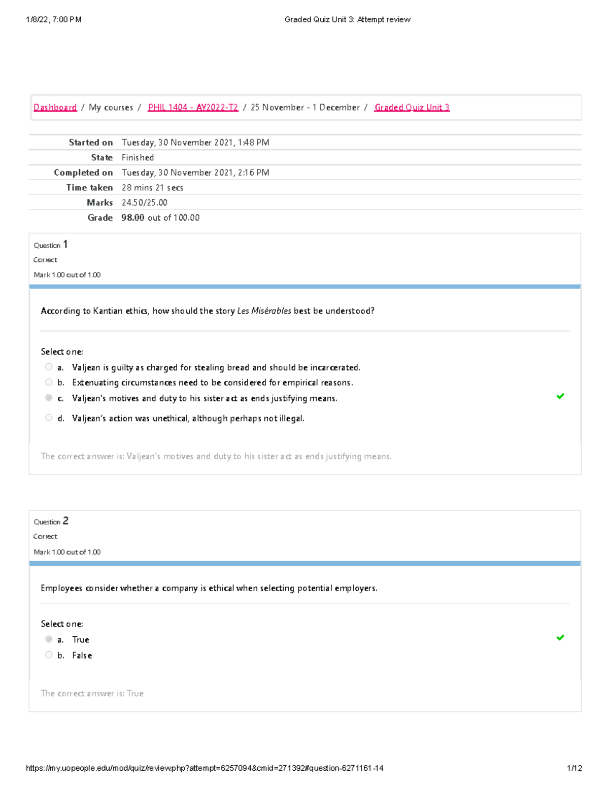 Ethics all quizzes - Started on Tuesday, 30 November 2021, 1:48 PM ...