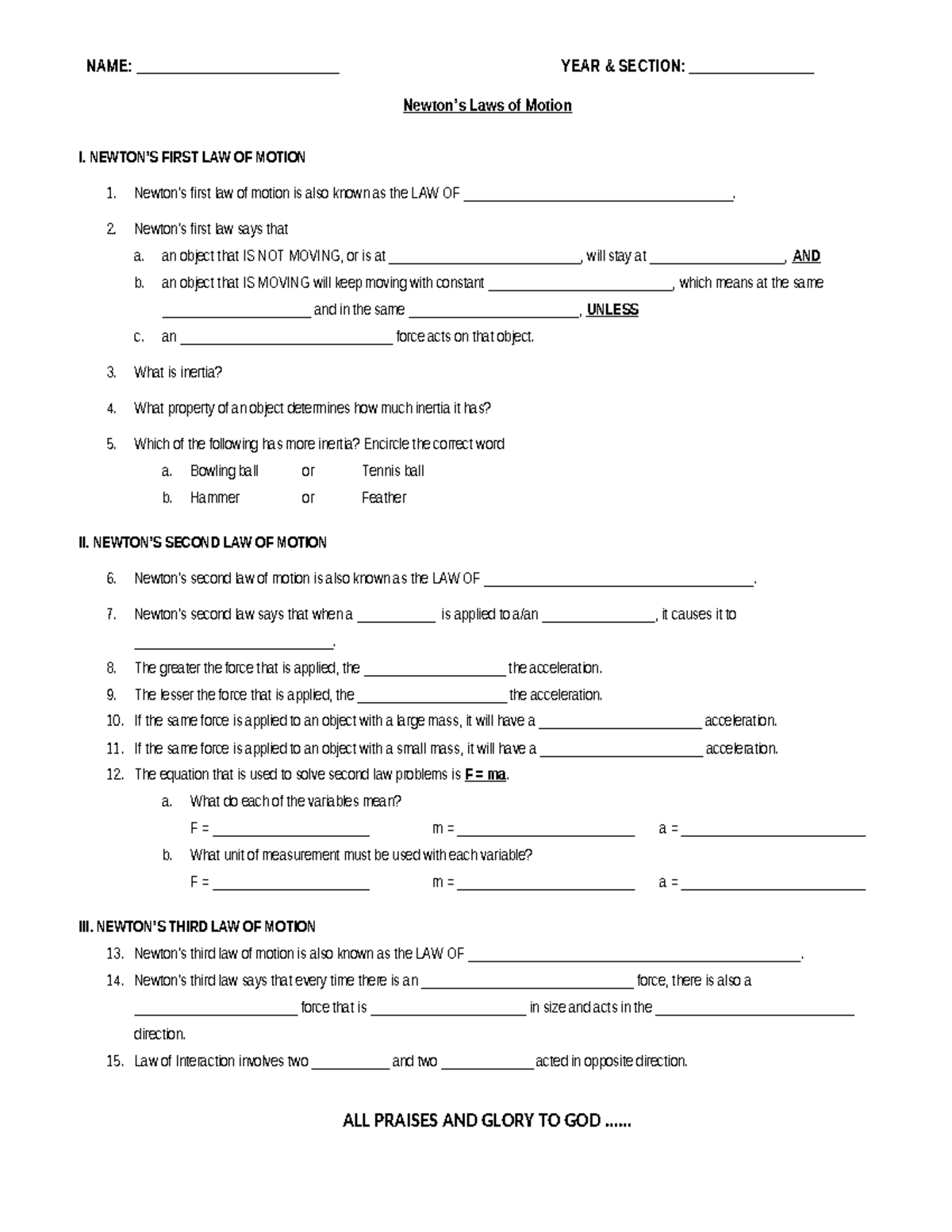 Laws Of Motion Worksheet - NAME: __________________________ YEAR ...