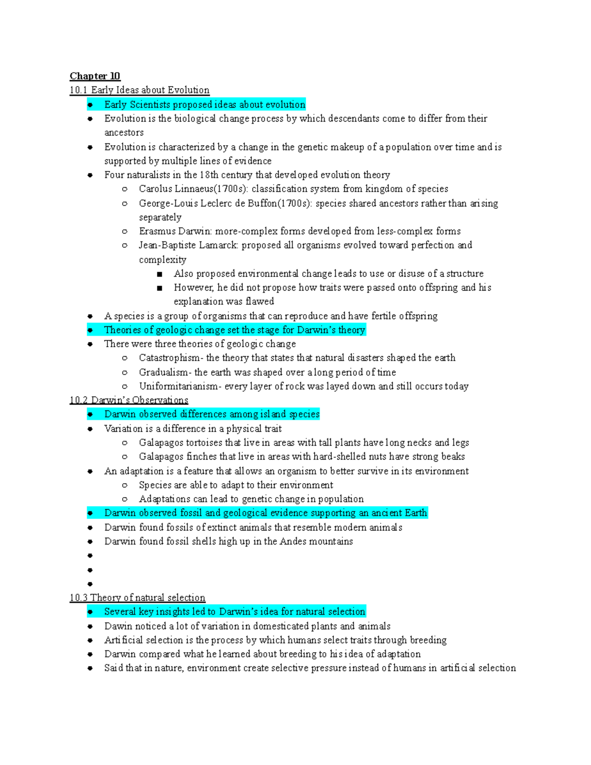 Chapter 10 notes - Chapter 10 10 Early Ideas about Evolution Early ...