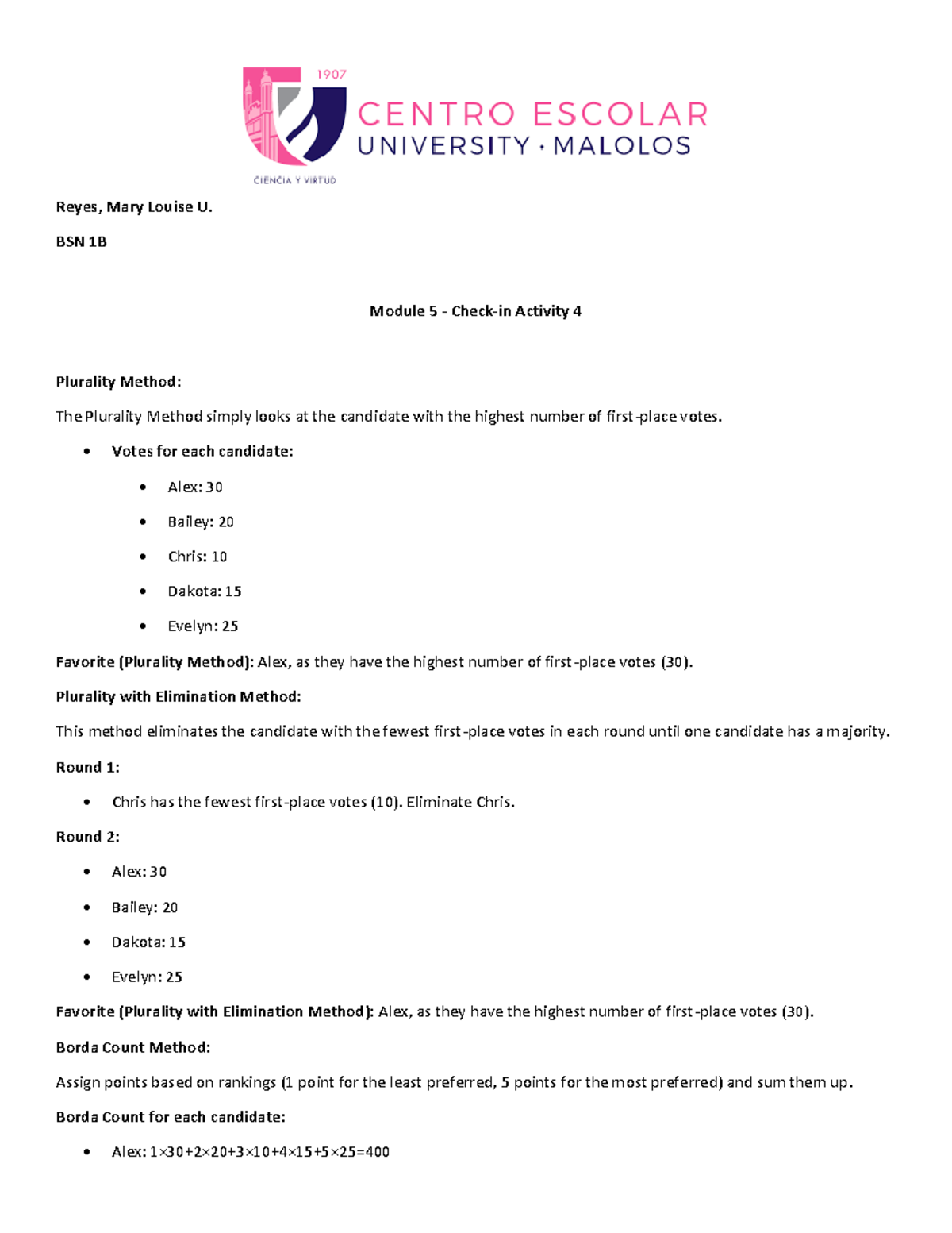 MMW ASSIGNMENT MODULE 5 - Reyes, Mary Louise U. BSN 1B Module 5 - Check ...