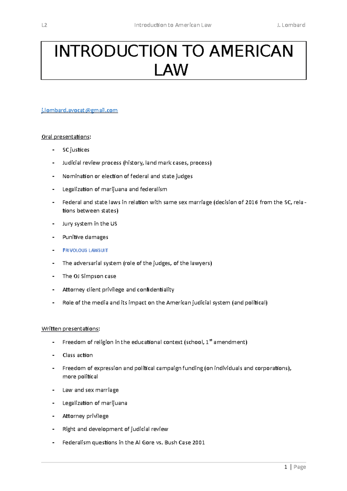 American-LAW - droit bilingue L2 S2 M. Lombard - INTRODUCTION TO ...