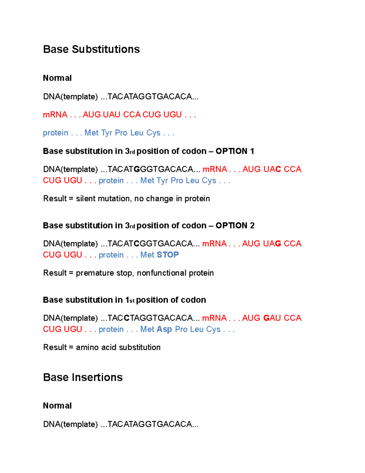 Mutation types - Base Substitutions Normal DNA(template) ..... mRNA ...