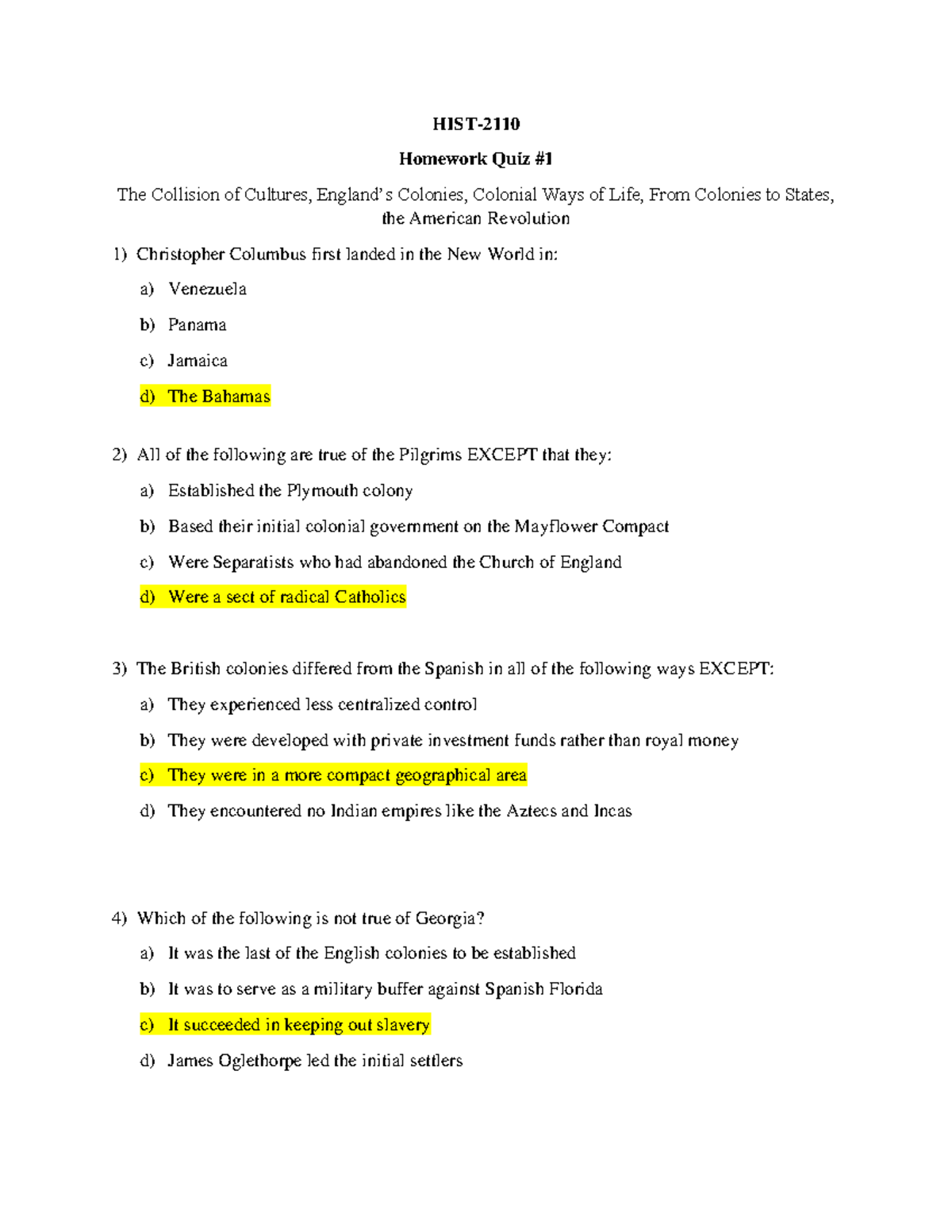Homework Quiz 1 - Subject Areas: The Collision of Cultures, England’s ...