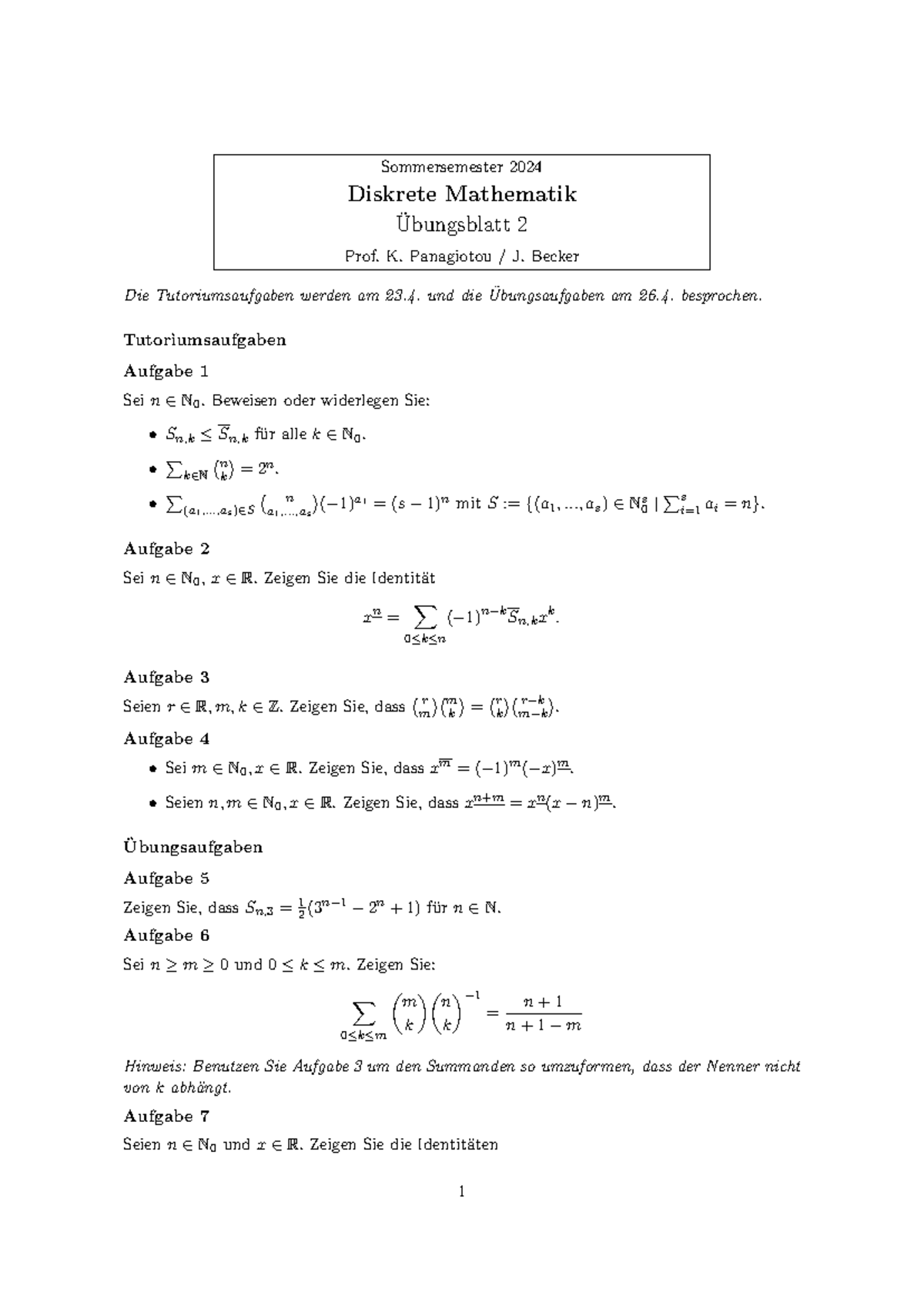 Diskrete Mathematik - Stirling numbers - Sommersemester 2024 Diskrete ...
