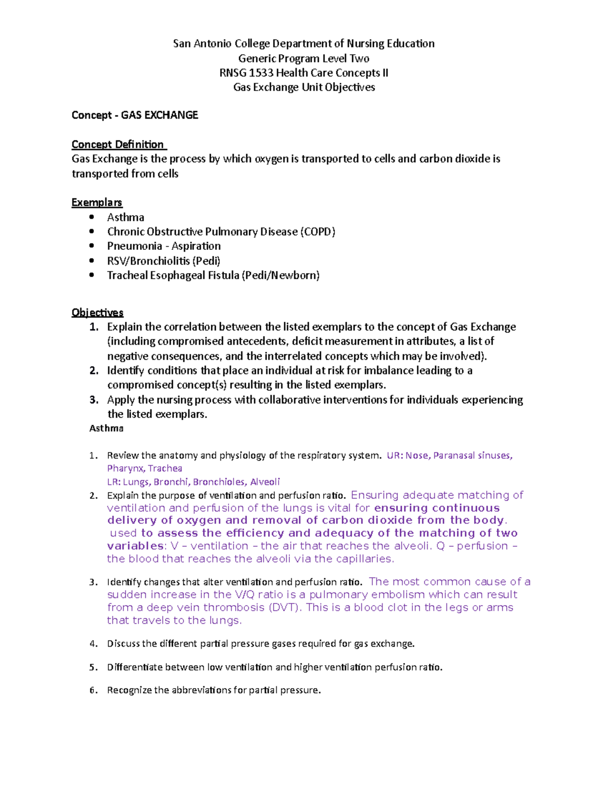 Gas Exchange - Generic Program Level Two RNSG 1533 Health Care Concepts ...