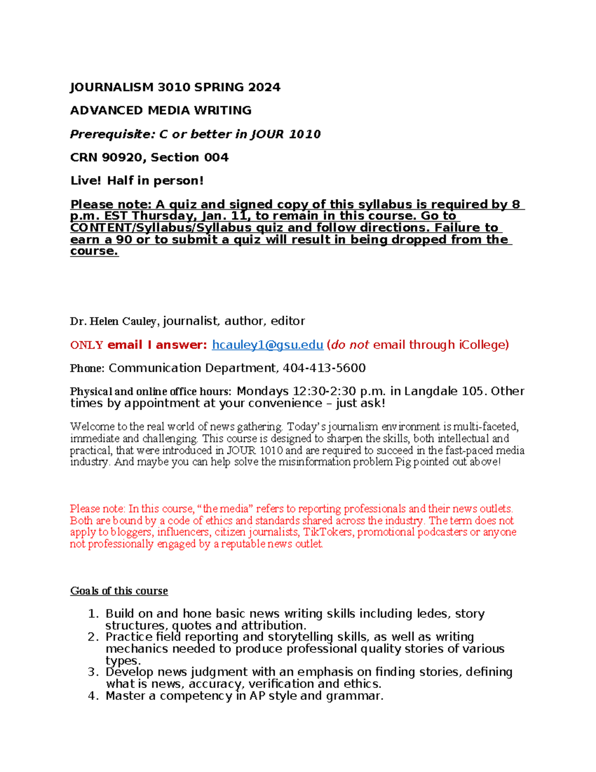 Signed Syllabus - JOURNALISM 3010 SPRING 2024 ADVANCED MEDIA WRITING ...