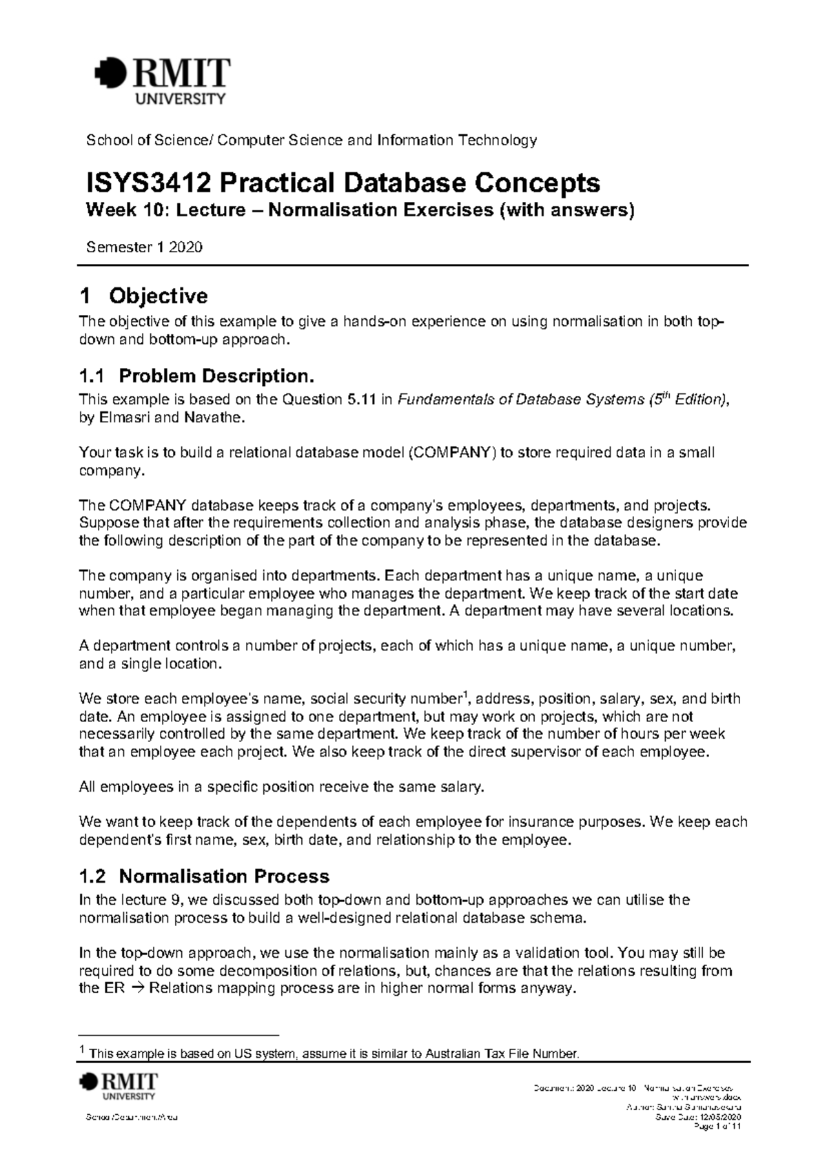 2020 Lecture 10 Normalisation Exercises With Answers School