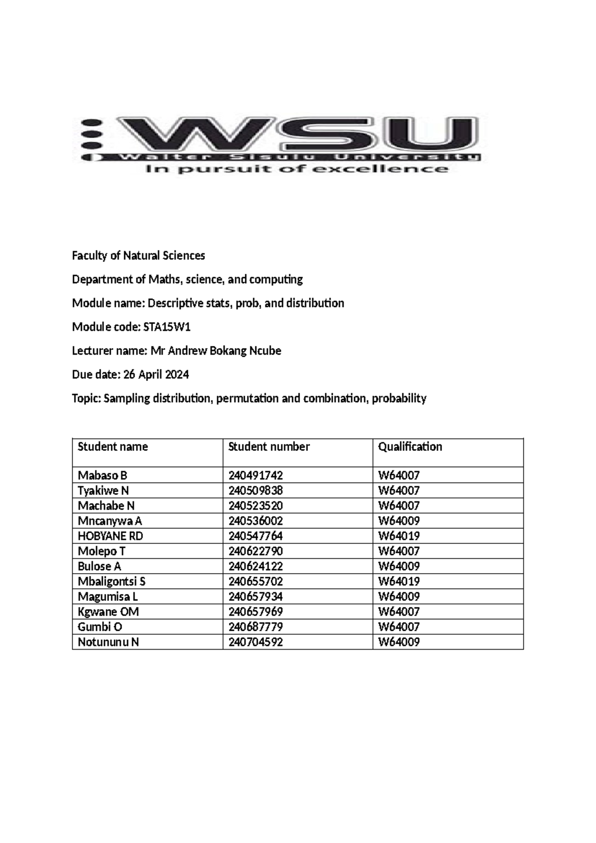 Statistics Assignment 2 Part A Faculty Of Natural Sciences Department Of Maths Science And