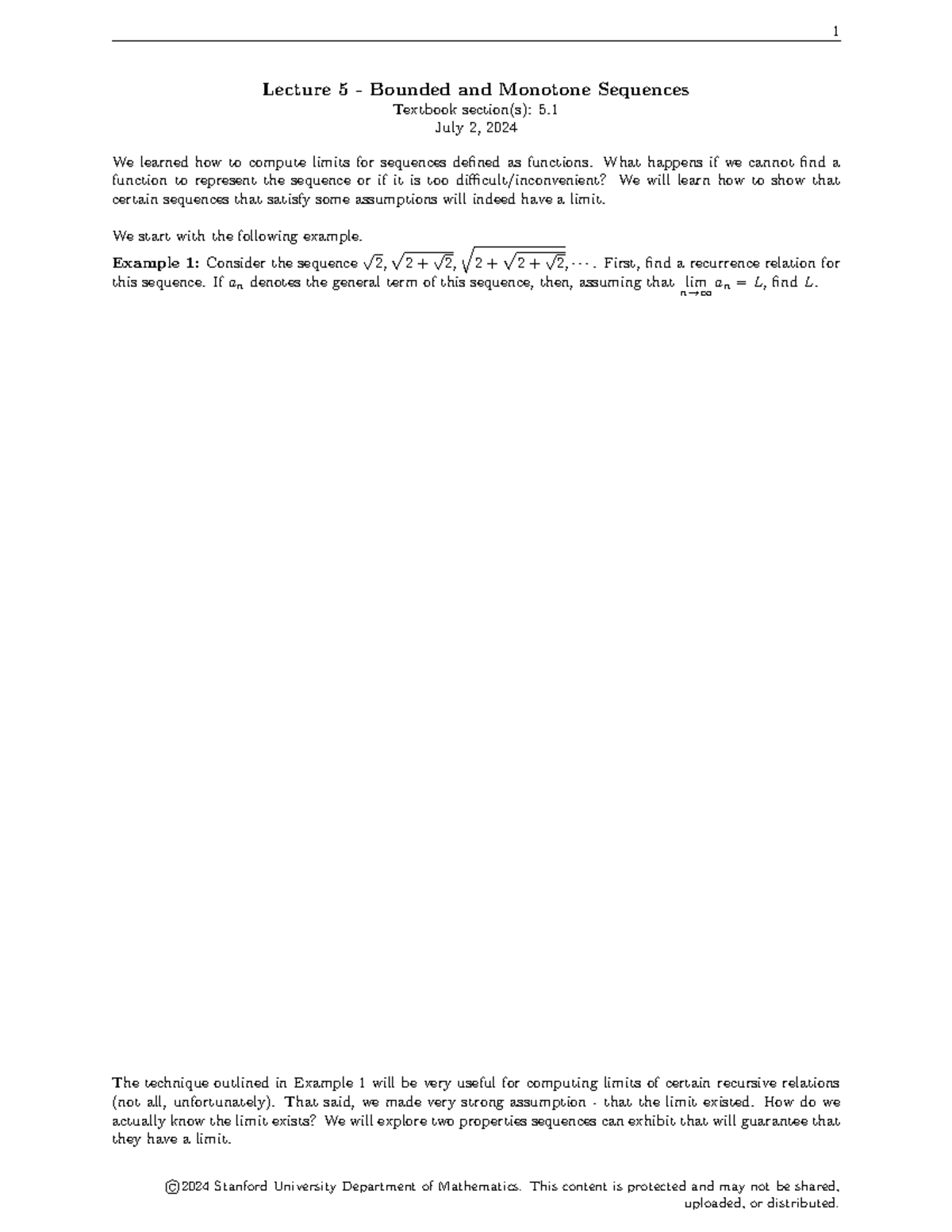 Lecture 5 - Lecture 5 - Bounded and Monotone Sequences Textbook section ...
