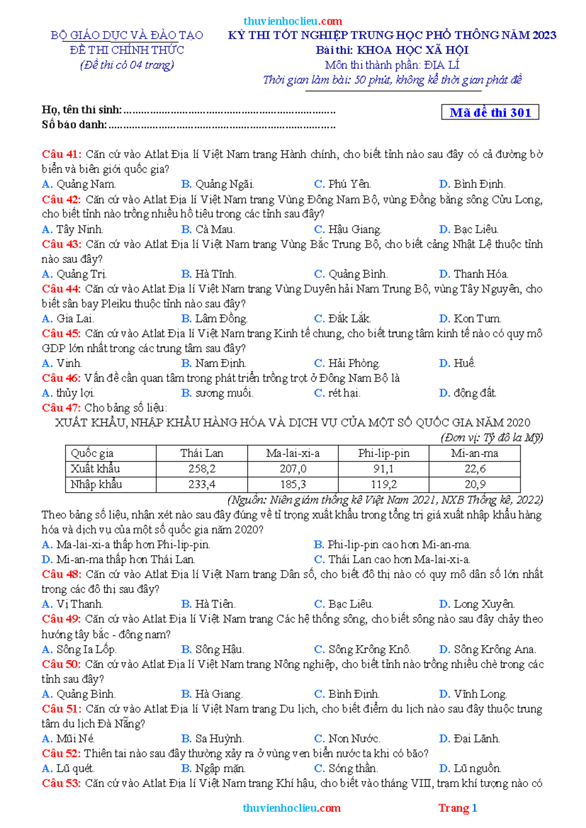 Thuvienhoclieu.com-De-thi-TN-THPT-Mon-Dia-nam-2023 - BỘ GIÁO DỤC VÀ ĐÀO TẠO ĐỀ THI CHÍNH THỨC ...