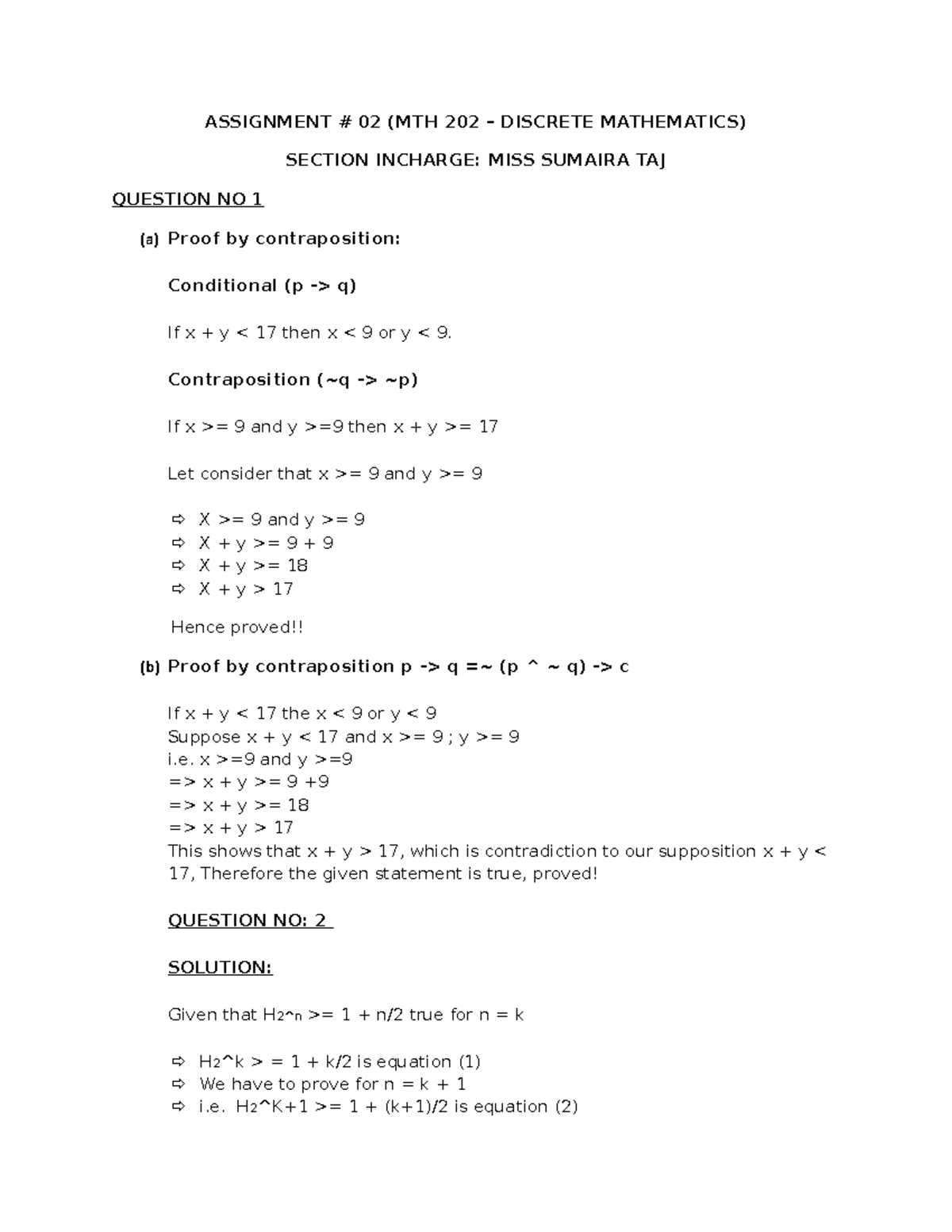 (MTH 202 Assignment # 02) - ASSIGNMENT # 02 (MTH 202 – DISCRETE MATHEMATICS) SECTION INCHARGE ...