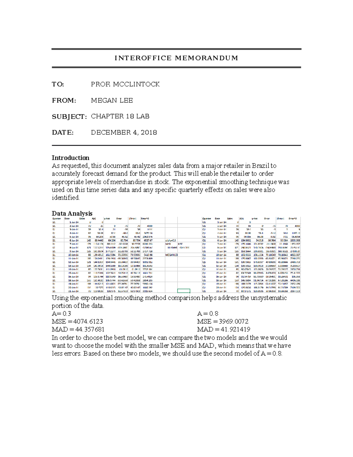Memo Outline Lab-3-2 - Time-Series Forecasting Lab - INTEROFFICE ...