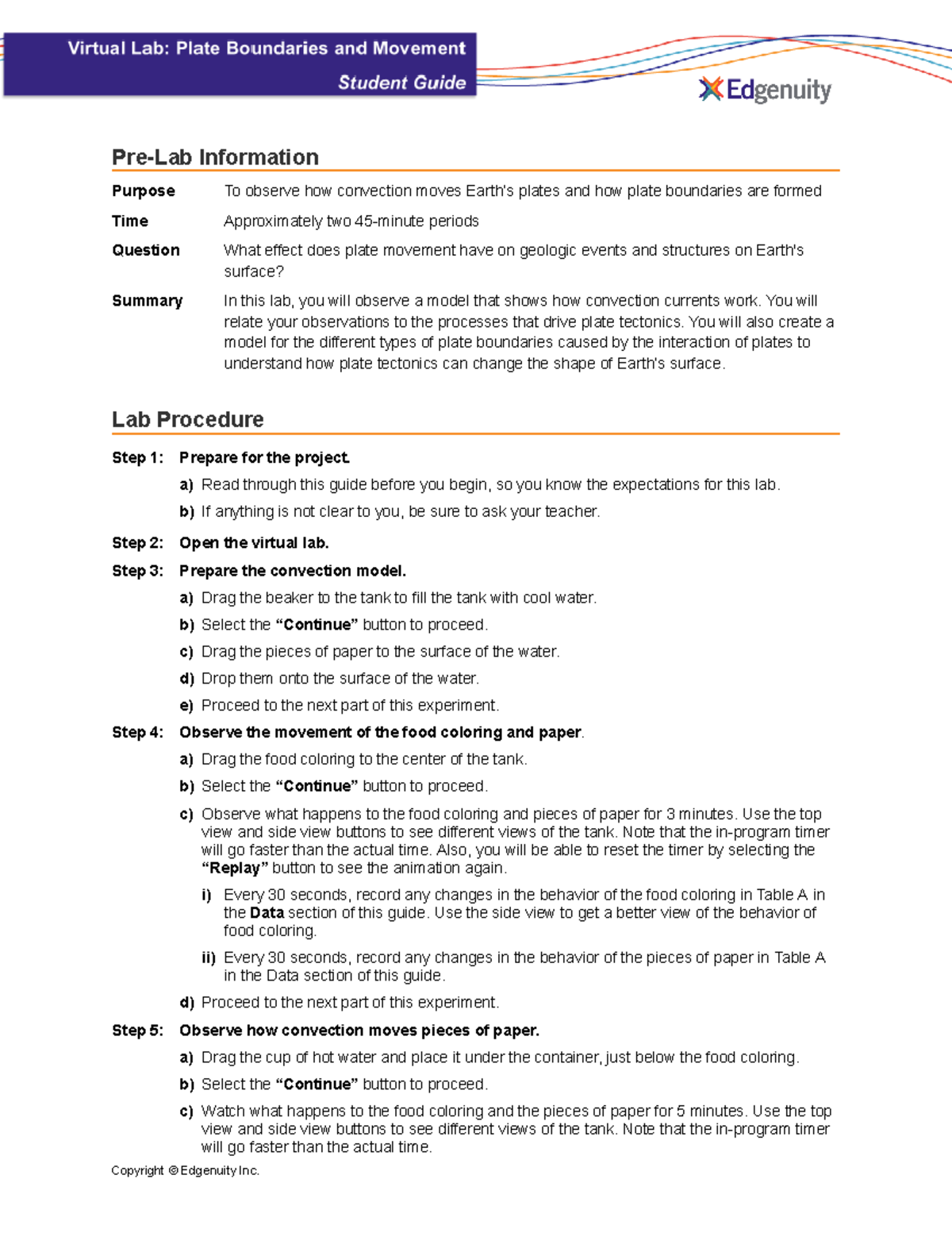 Plate Boundaries student Virtual Lab Guide - Pre-Lab Information Purpose To observe how ...