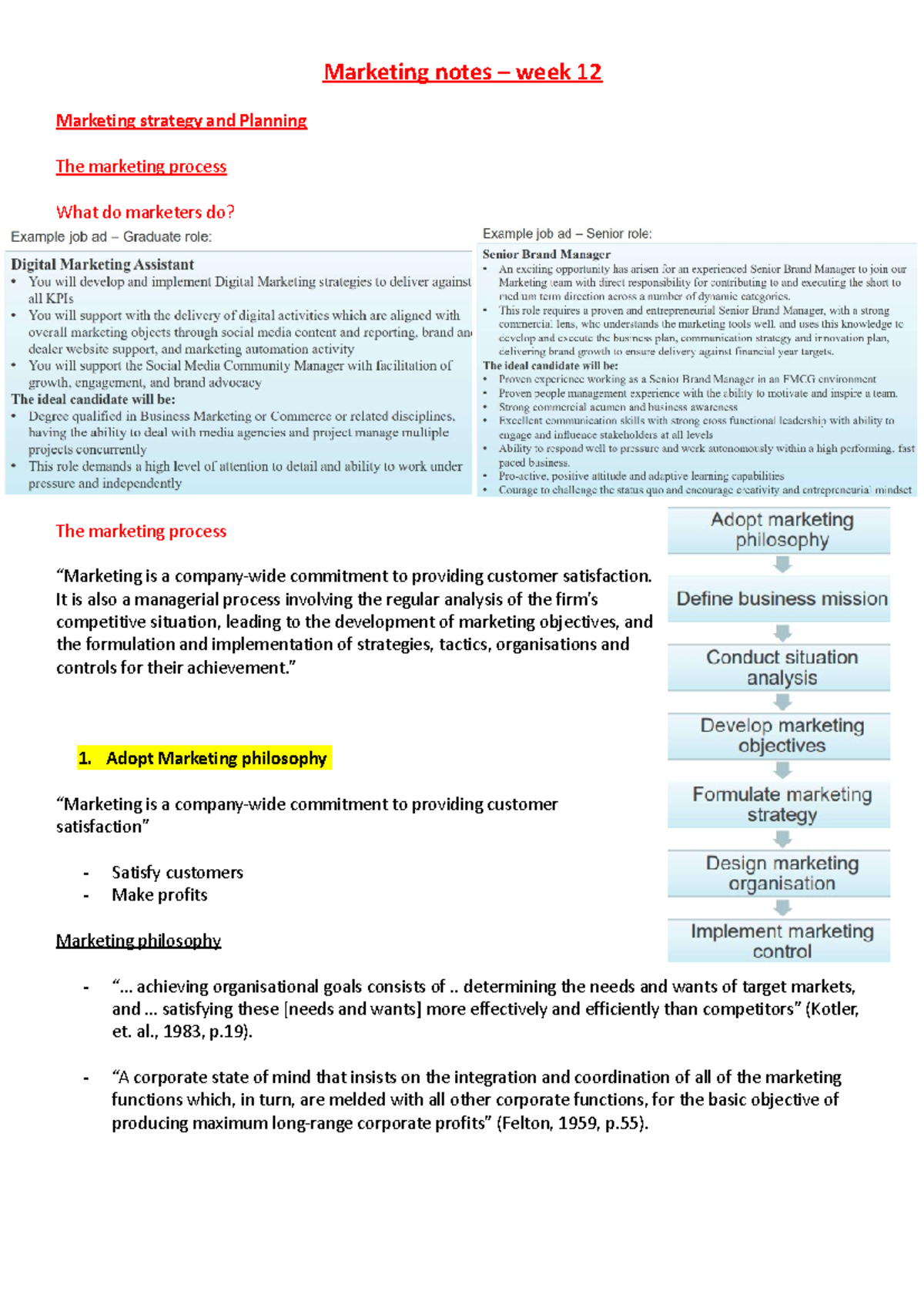 Marketing notes - week 12 - Marketing notes – week 12 Marketing ...