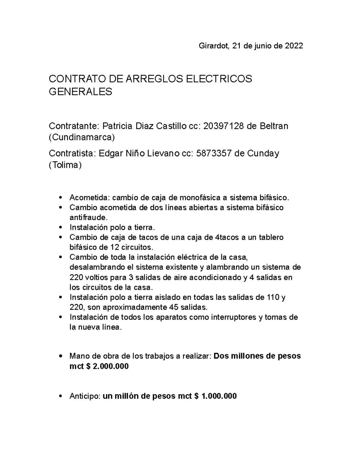 Contrato DE Arreglos Electricos Generales - Girardot, 21 de junio de ...