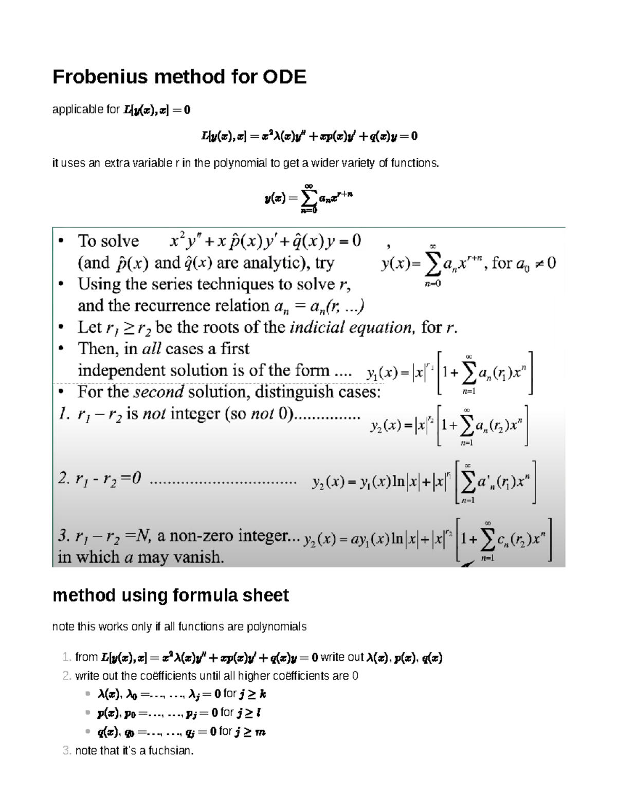 Frobenius - y(x) = ∞ ∑ n= anxr+n method using formula sheet note this ...