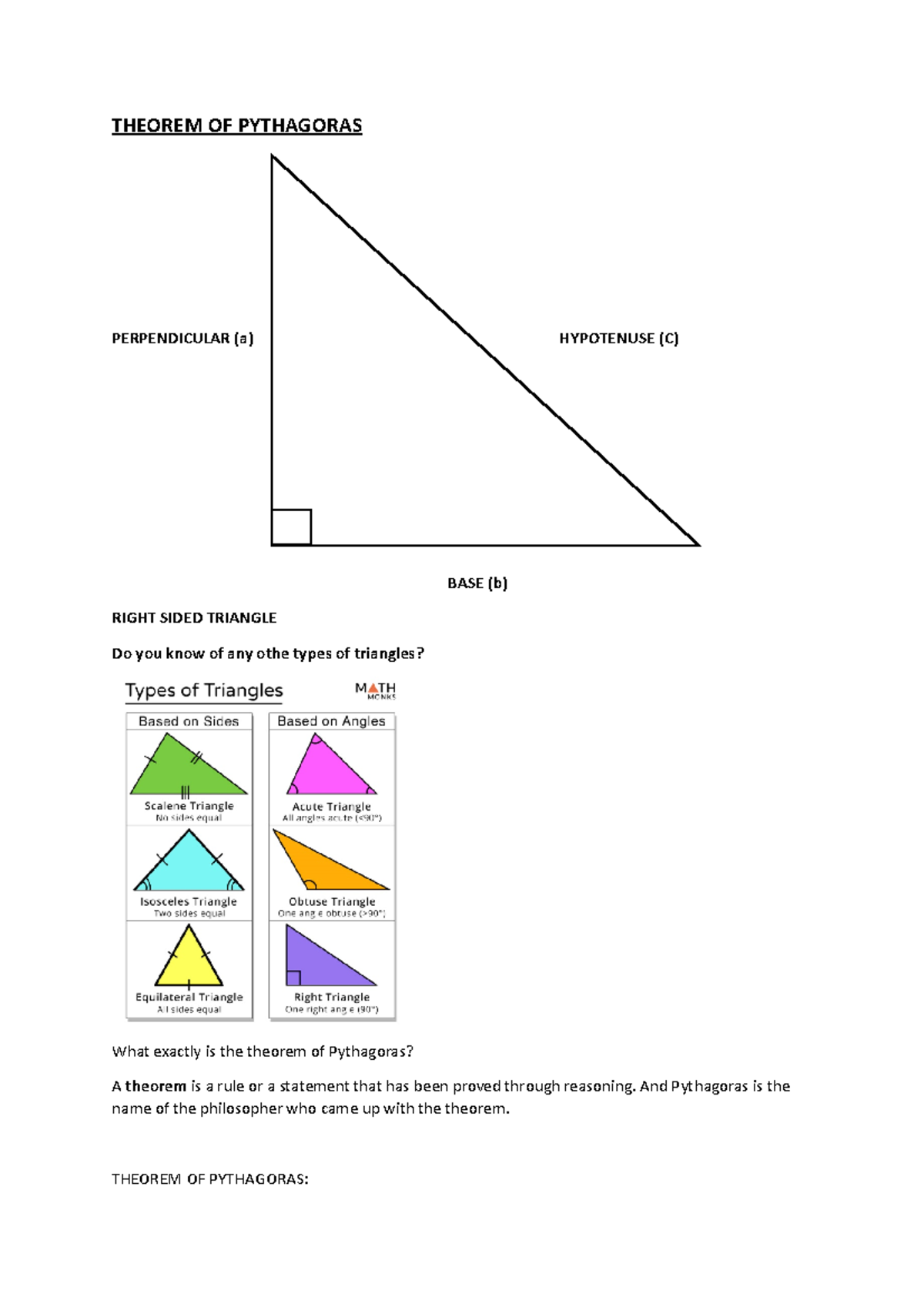 Theorem OF Pythagoras - THEOREM OF PYTHAGORAS PERPENDICULAR (a ...