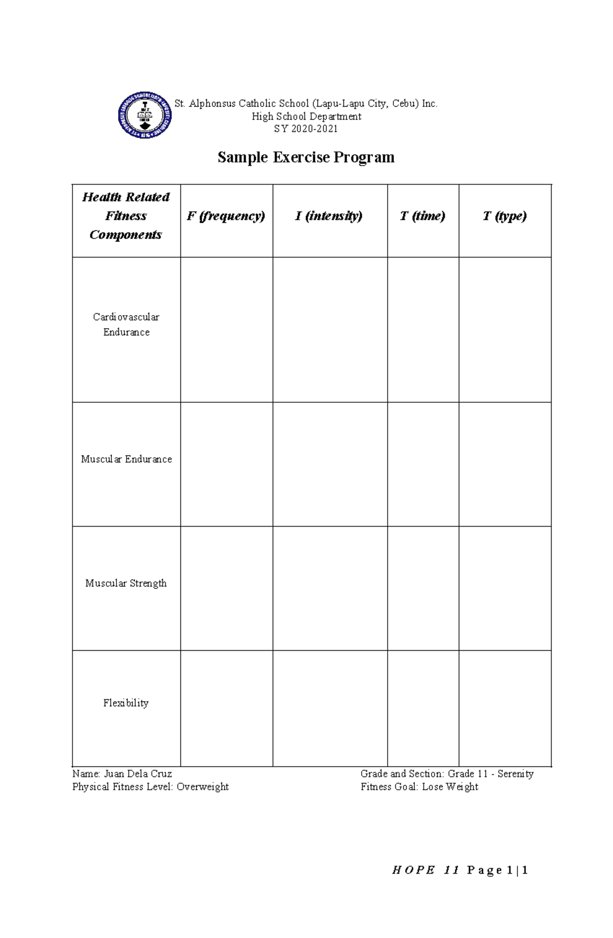 Exercise Program Template - economics - St. Alphonsus Catholic School ...