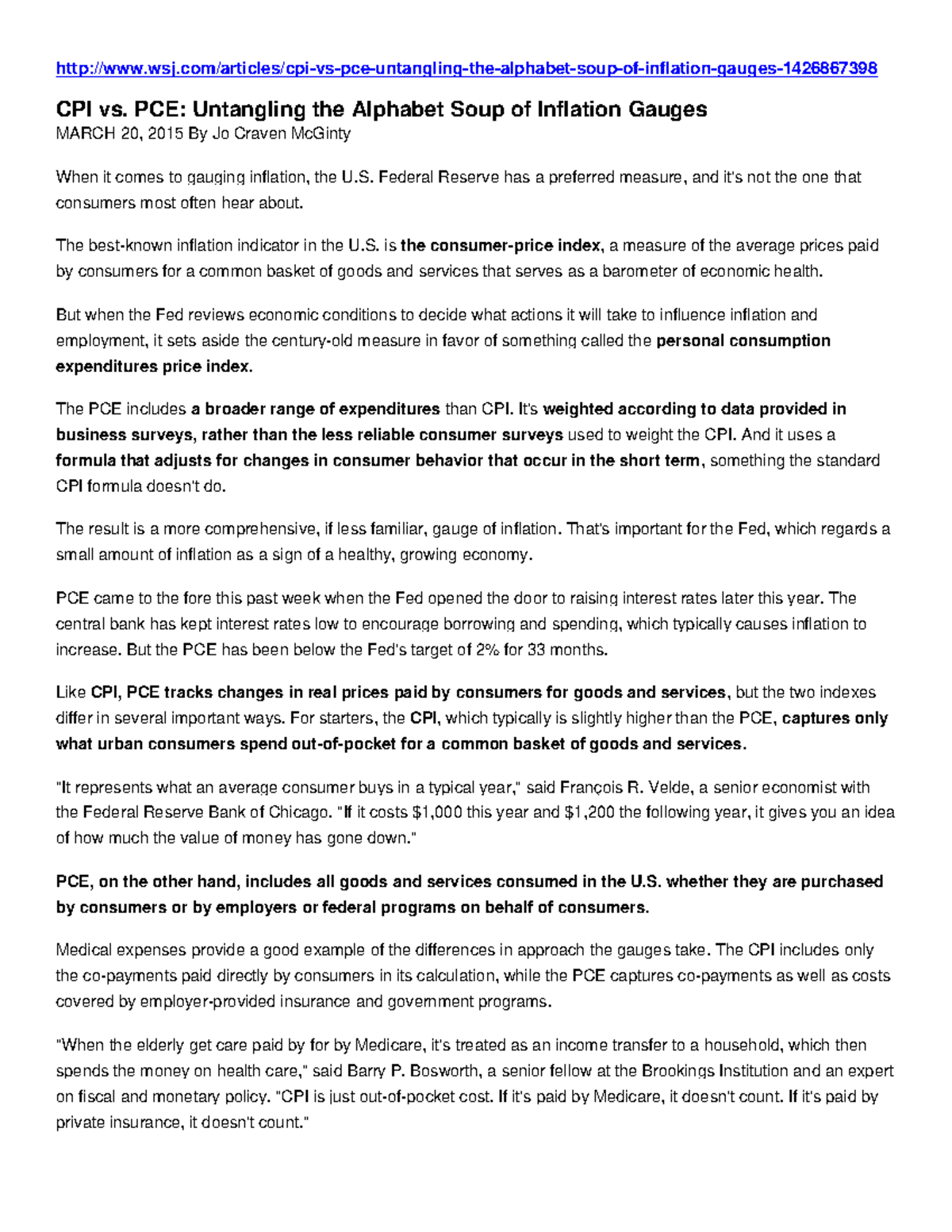 Ch 1 CPI vs PCE wsj 2015 bus insider 2014 - - Studocu
