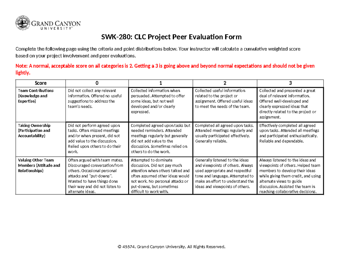 SWK 280 RS T4 CLC Peer Evaluation Form - SWK-280: CLC Project Peer ...