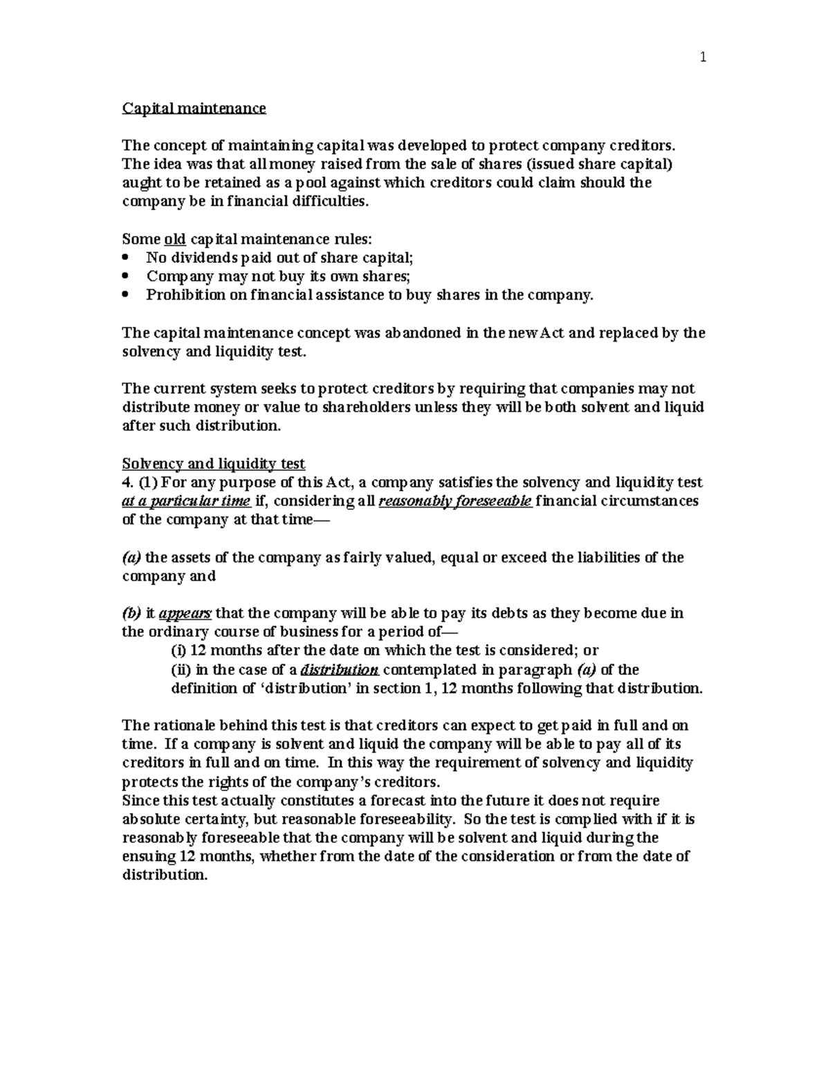 Week 8 Capital Maintenance - Capital maintenance The concept of ...
