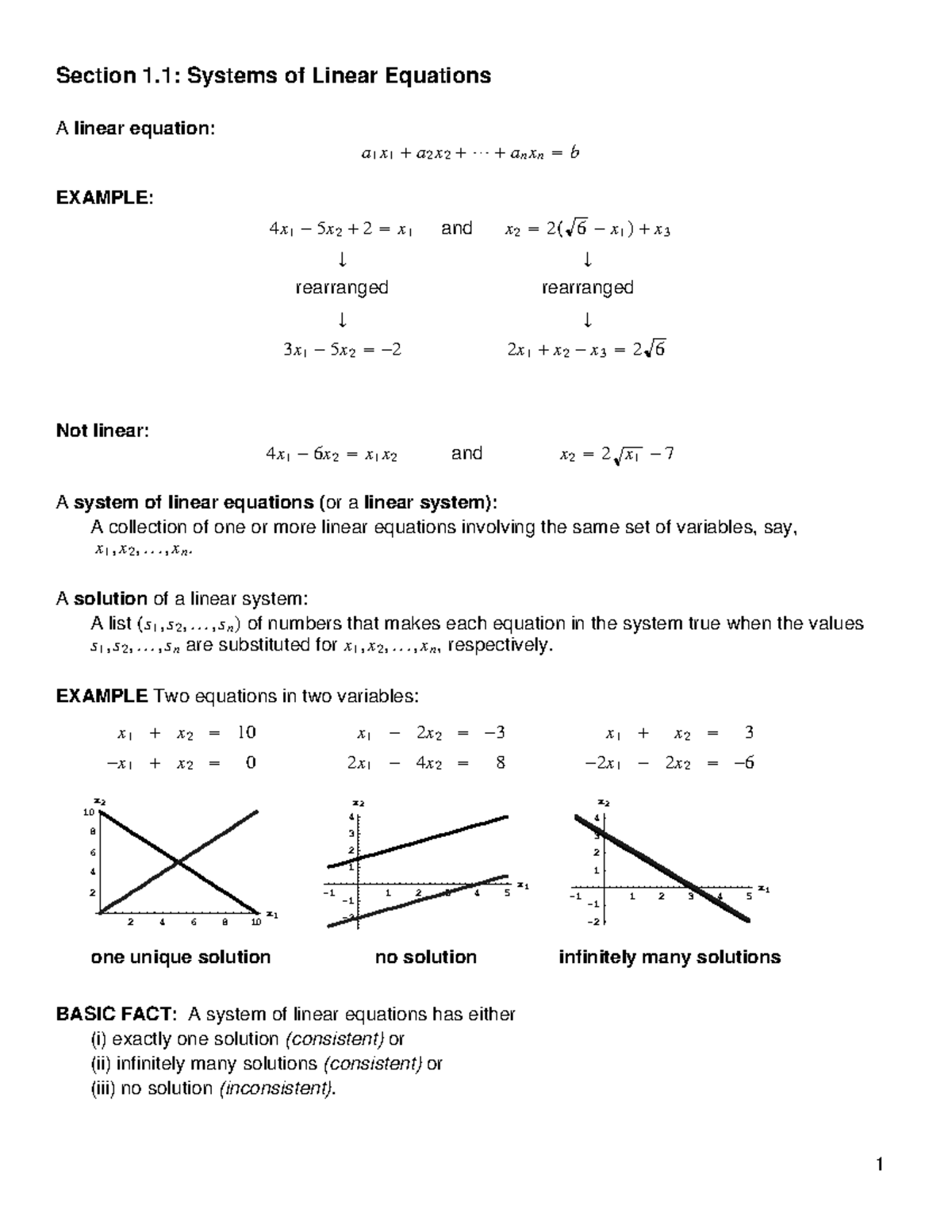 Summary - Section 1 - section 6 - Section 1: Systems of Linear ...