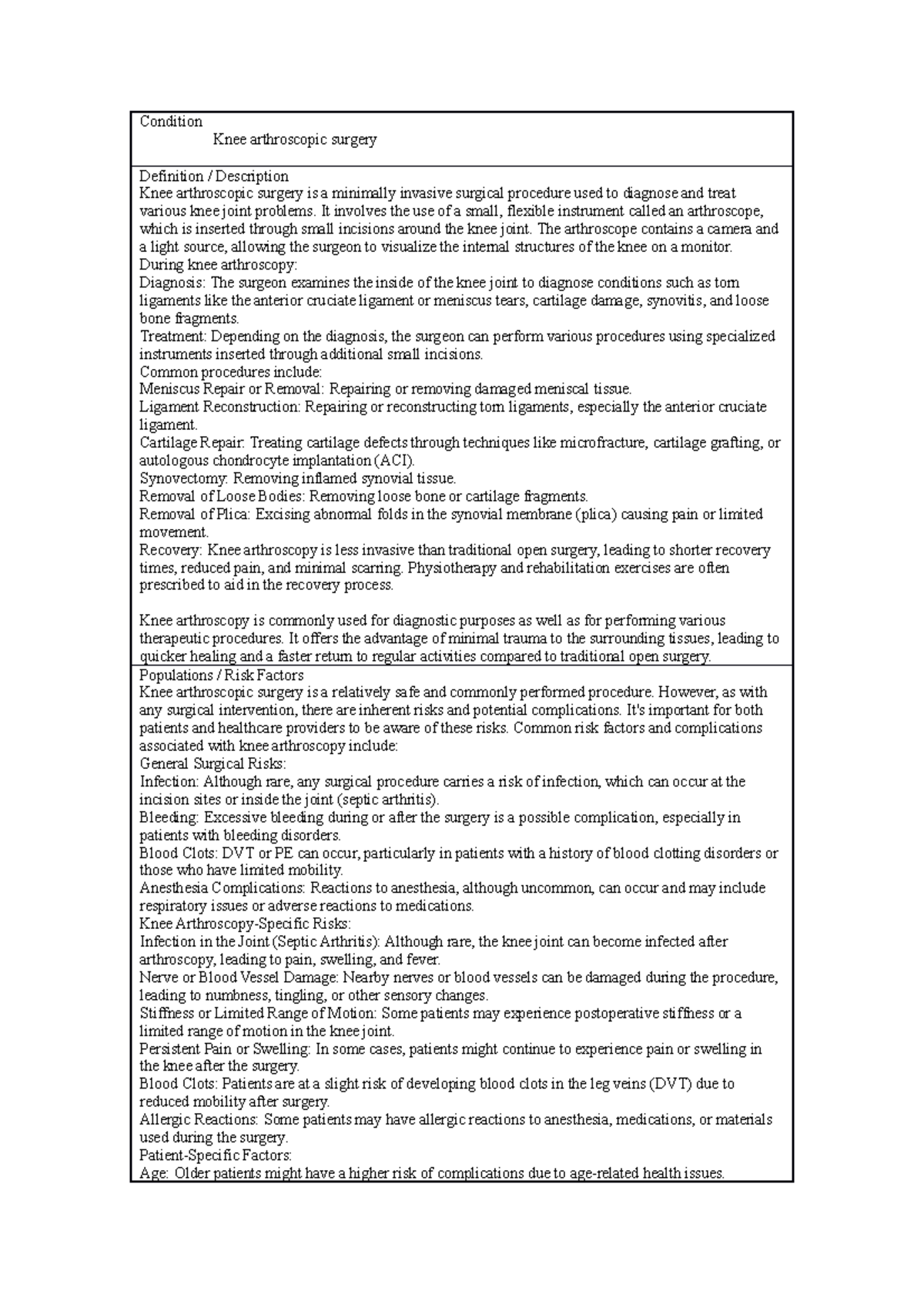 Knee Arthoscopic Surgery Clinical Pattern Sheet - Condition Knee ...