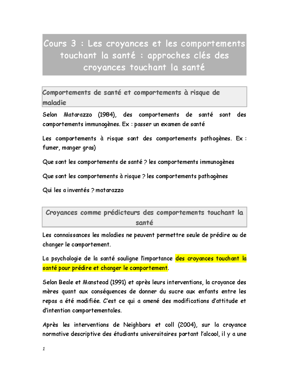 Cours 3 - Cours 3 : Les croyances et les comportements touchant la ...