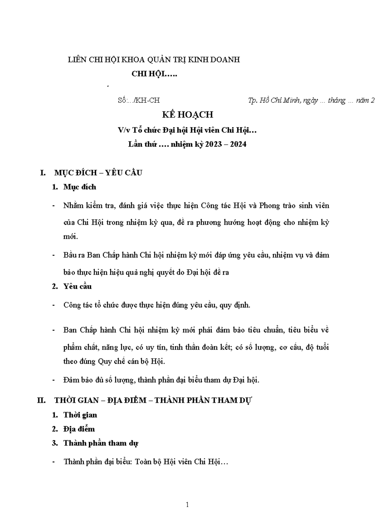 0. KH Dai hoi Chi Hoi - đh 2023 - LIÊN CHI HỘI KHOA QUẢN TRỊ KINH DOANH CHI HỘI..... Số:.../KH ...