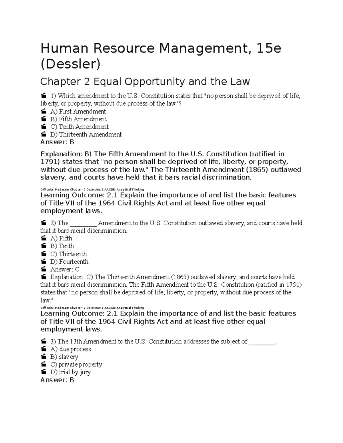 Testbank 2 - Human Resource Management, 15e (Dessler) Chapter 2 Equal ...