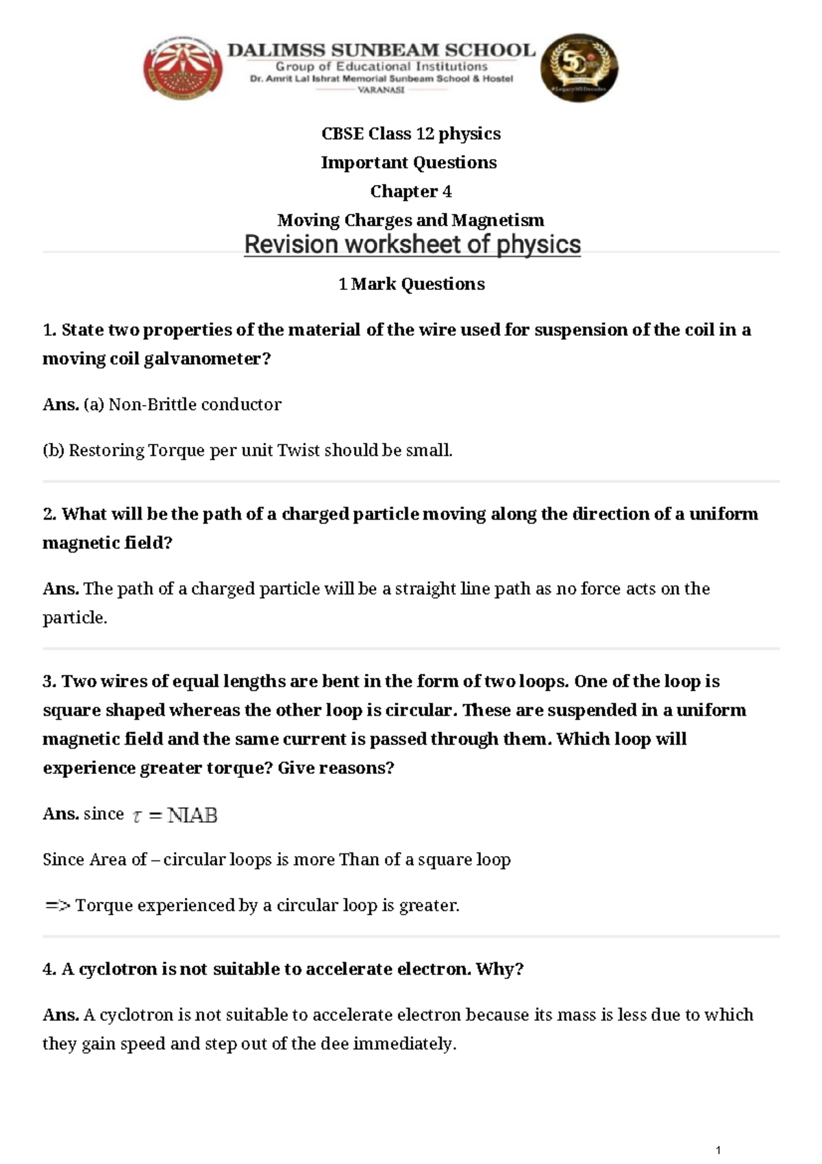 Ch 4 Revision worksheet of physics - CBSE Class 12 physics Important ...