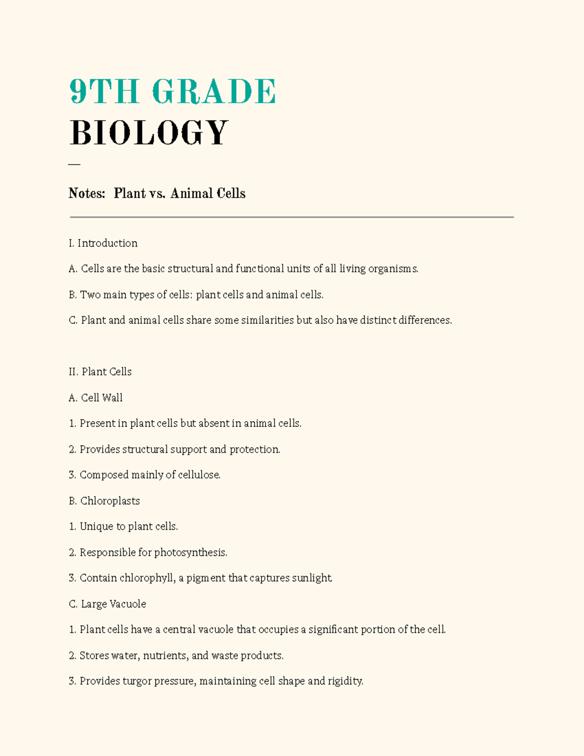 Plant vs. Animal Cells - 9TH GRADE BIOLOGY ___ Notes: Plant vs. Animal ...