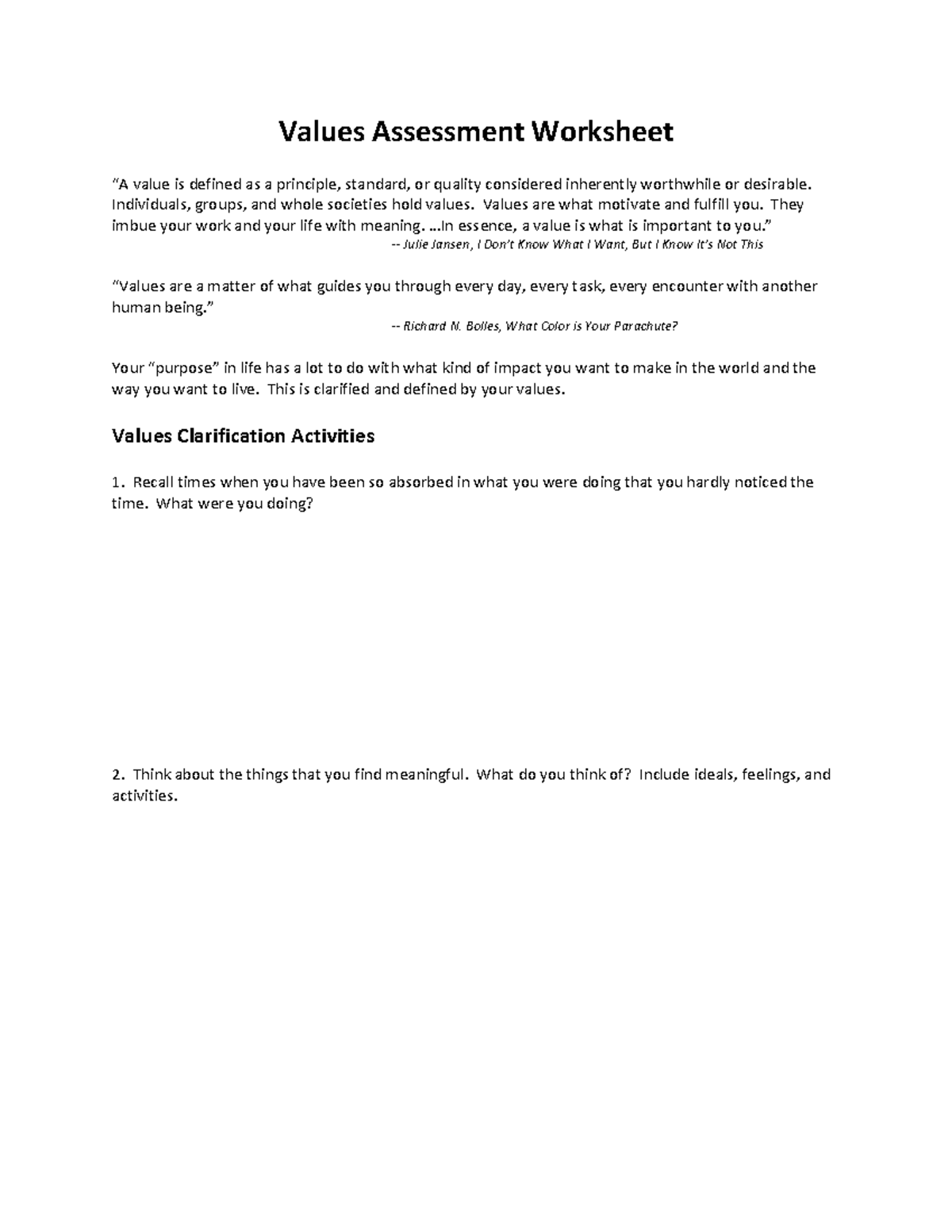 - Values Worksheet - Values Assessment Worksheet “A value is defined as ...
