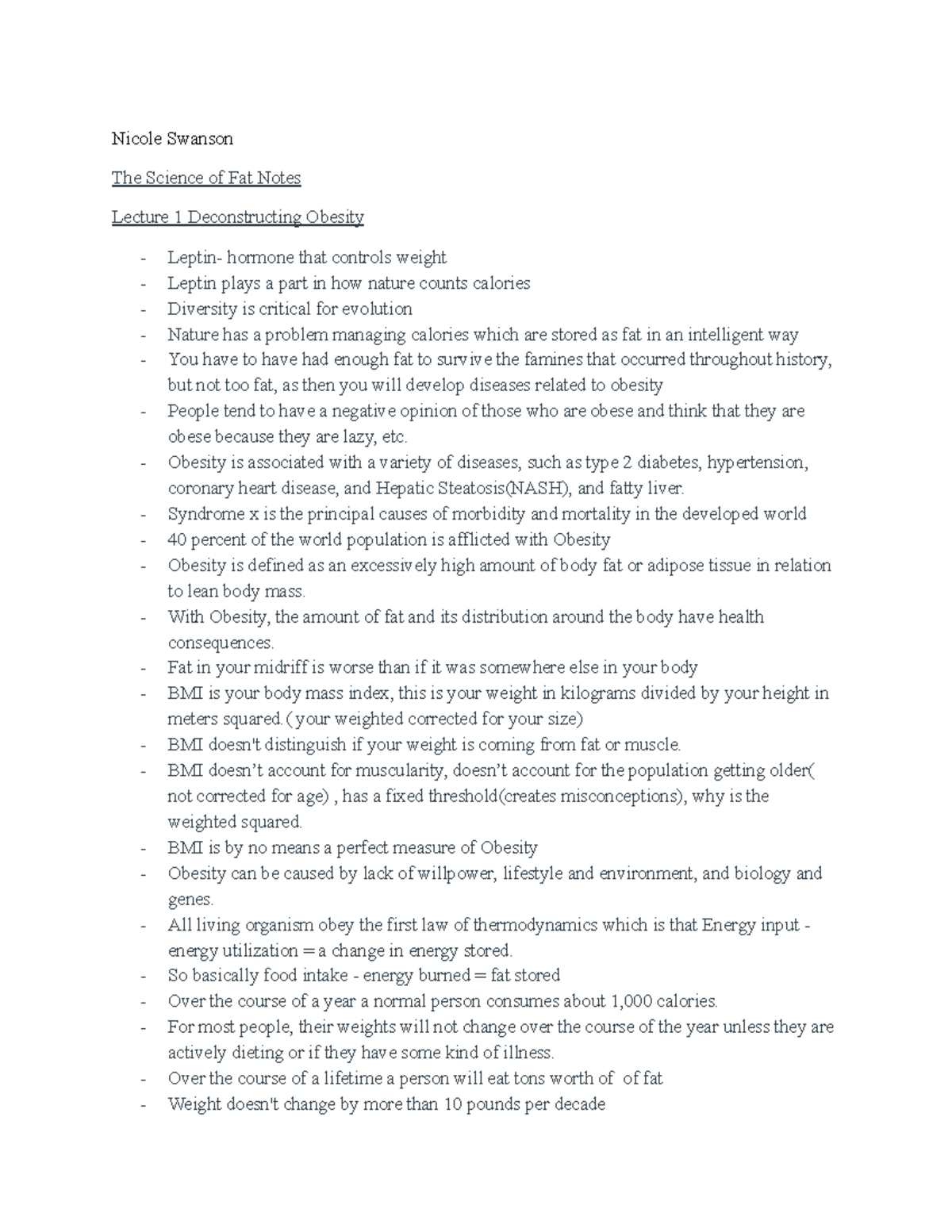 Biology science of fat notes due 11 13 - Nicole Swanson The Science of ...
