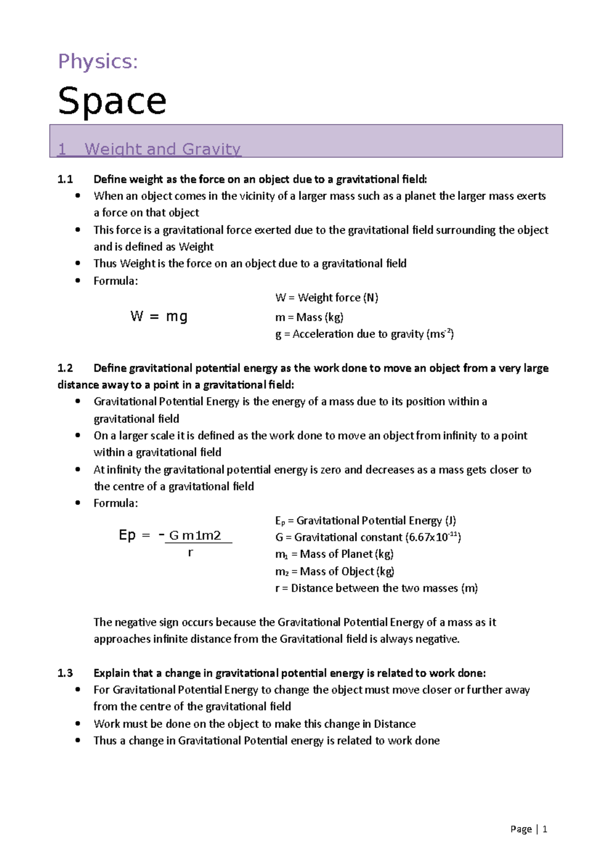 Space - Ep = - G m1m r Physics: Space 1 Weight and Gravity 1 Define ...