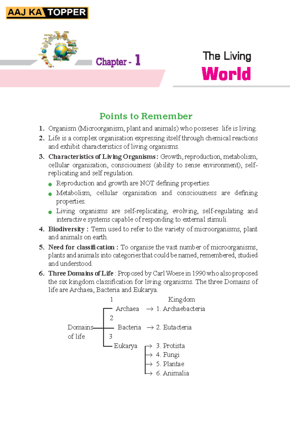 11th Biology Short Notes - Points to Remember 1. Organism ...