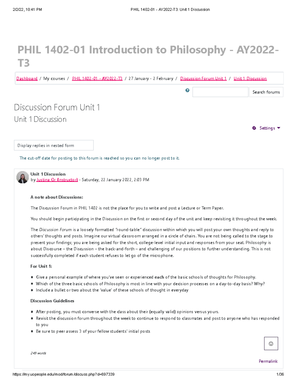 1 PHIL 1402-01 - AY2022-T3 Unit 1 Discussion - uopeople/mod/forum/discuss.php?d=697339 1/ PHIL ...