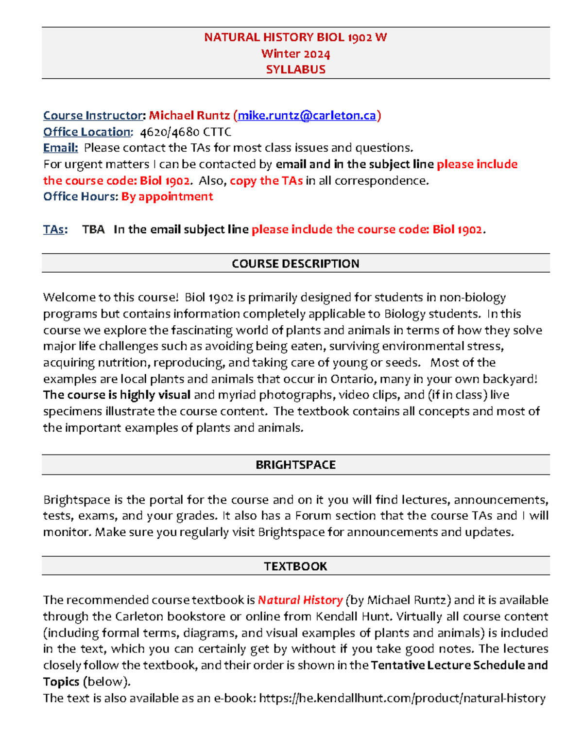 Course Outline BIOL 1902 W - NATURAL HISTORY BIOL 1902 W Winter 2024 ...