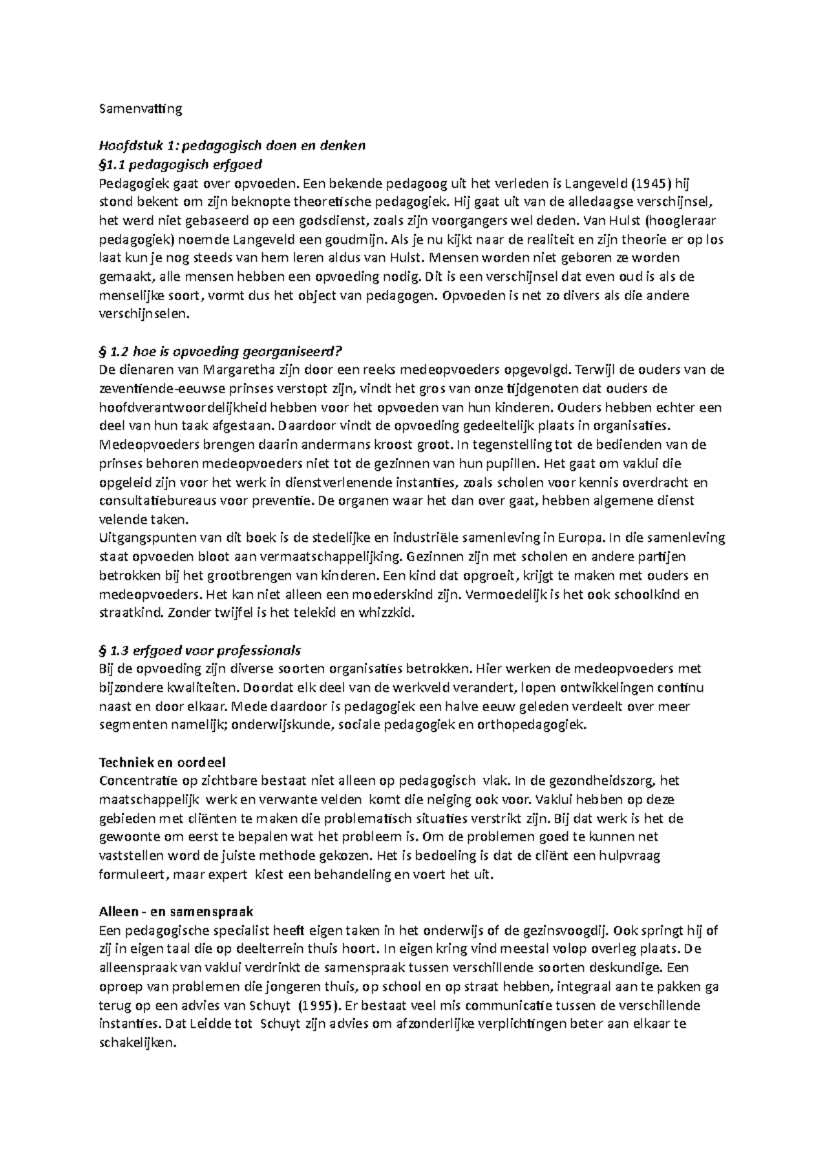 Pedagogiek voor Professionele Opvoeders Kuipers Week 3 - Samenvatting Hoofdstuk 1: pedagogisch ...