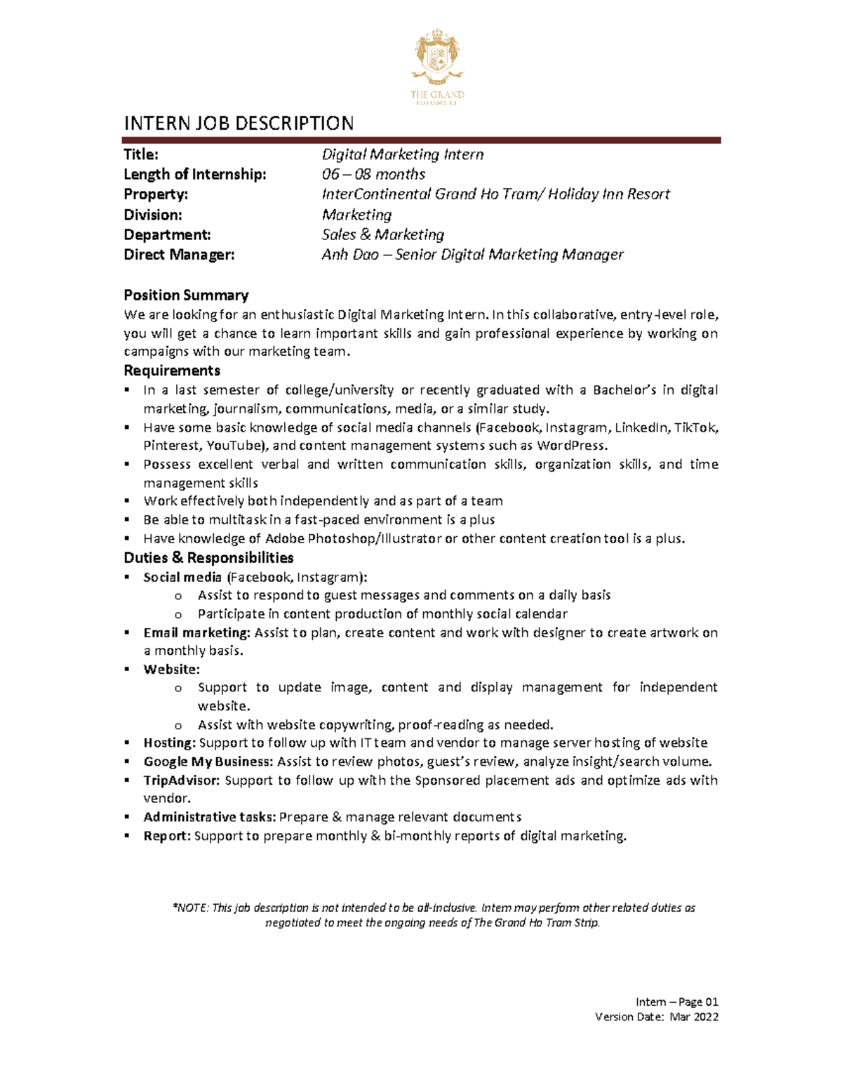 Intern Job Description Digital Marketing Intern - INTERN JOB ...