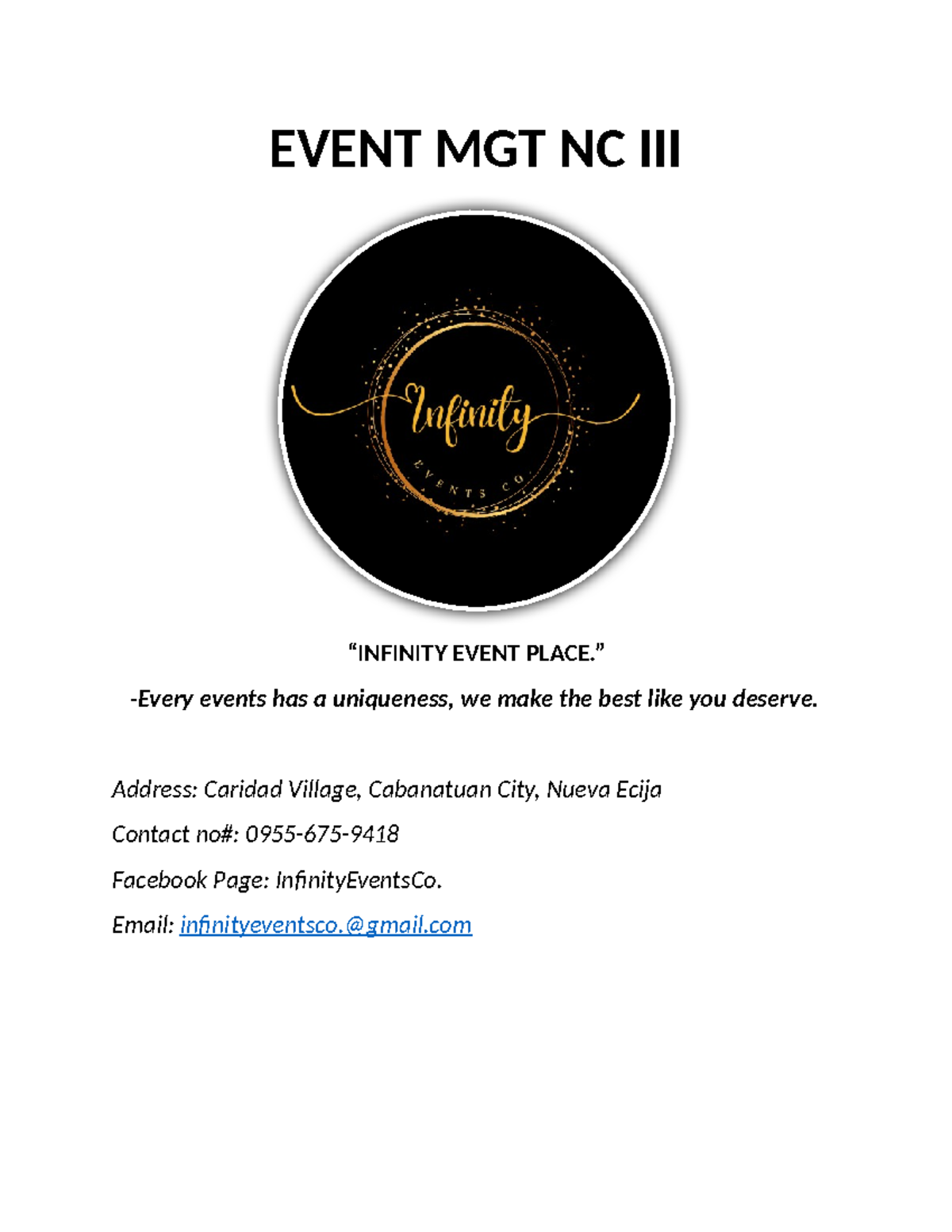 Event Management 18 Birthday - EVENT MGT NC III ####### “INFINITY EVENT ...