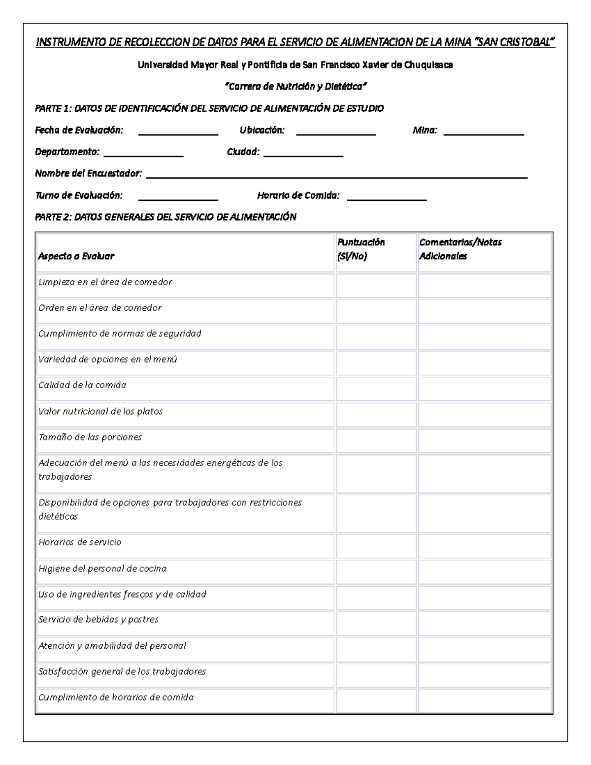 Instrumento DE Recoleccion DE Datos PARA EL Servicio DE Alimentacion DE ...