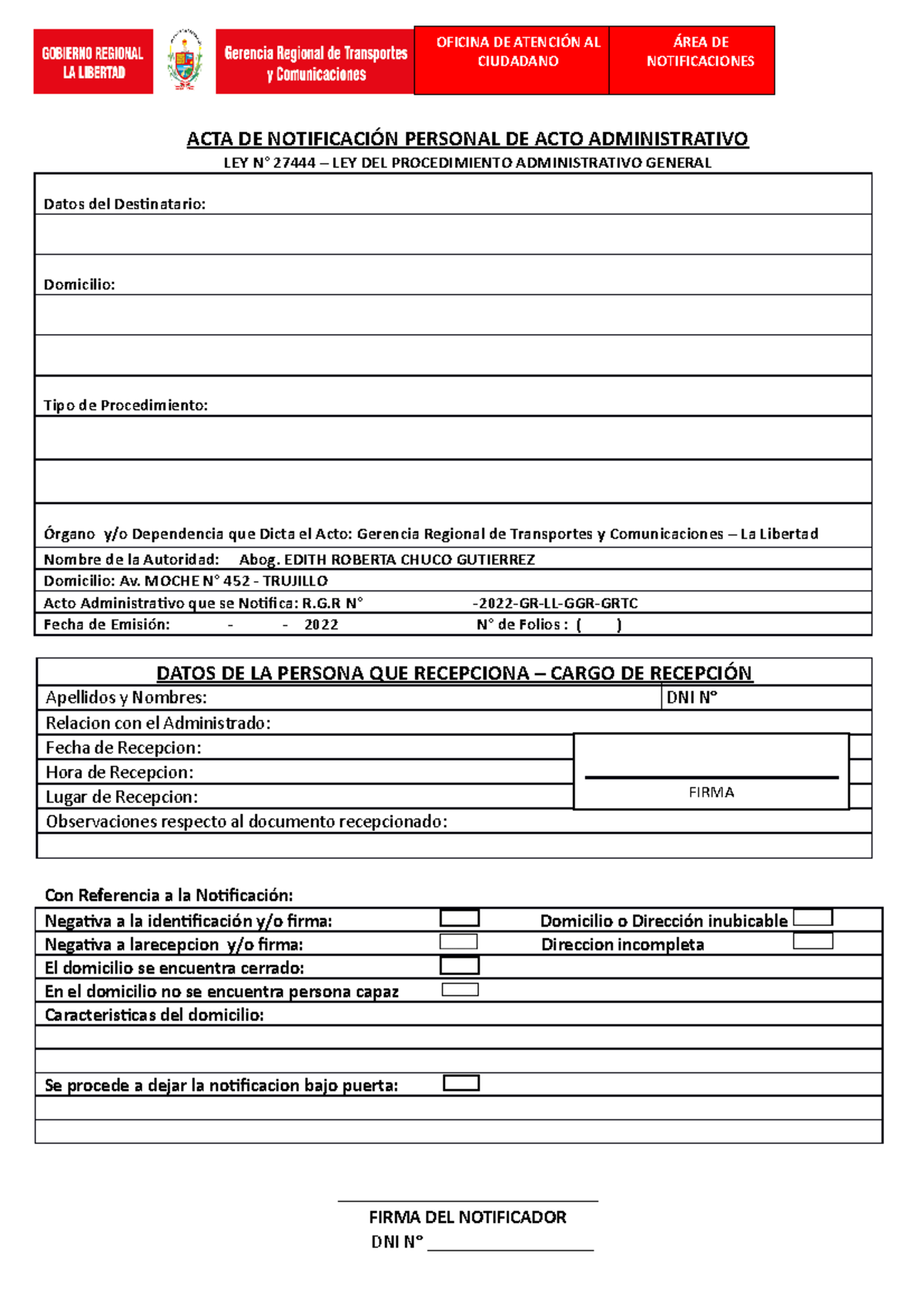 ACTA DE Notificación Personal DE ACTO Administrativo - ACTA DE ...