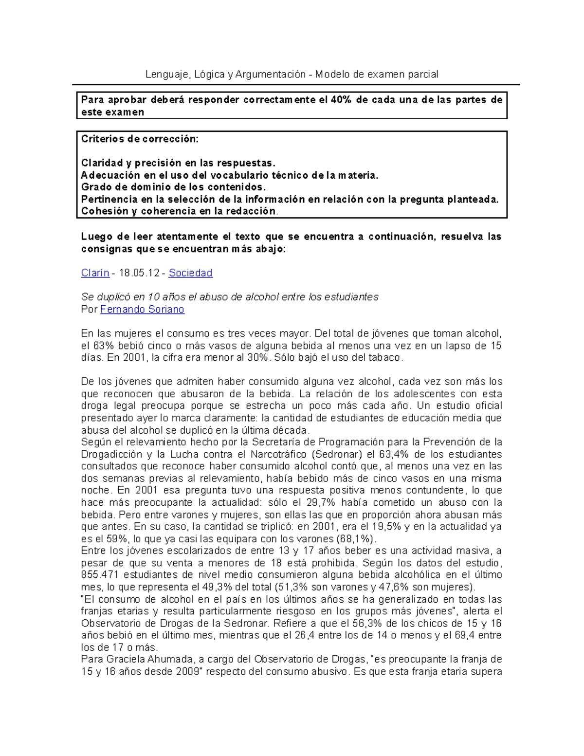 Modelo de primer parcial - 2C 2015 - Lenguaje, Lógica y Argumentación - Modelo de examen parcial ...