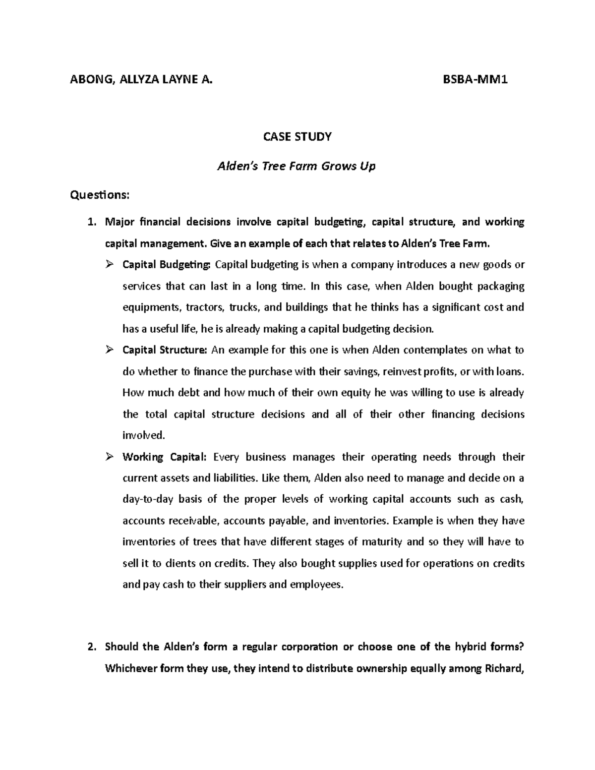 Case Study 2 - ABONG, ALLYZA LAYNE A. BSBA-MM CASE STUDY Alden’s Tree ...