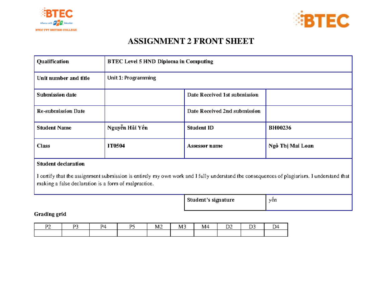 Programing ASM Nguyễn Hải Yến - ASSIGNMENT 2 FRONT SHEET Qualification BTEC Level 5 HND Diploma ...