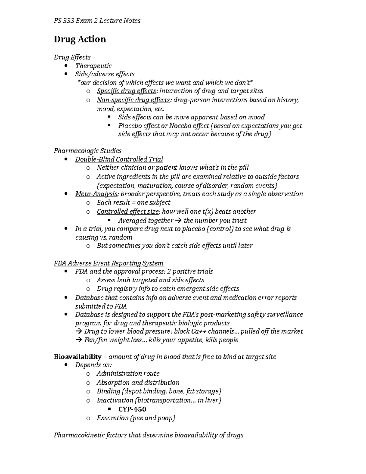 PS 333 Exam 2 - 32 pg summary - PS 333 Exam 2 Lecture Notes Drug Action ...