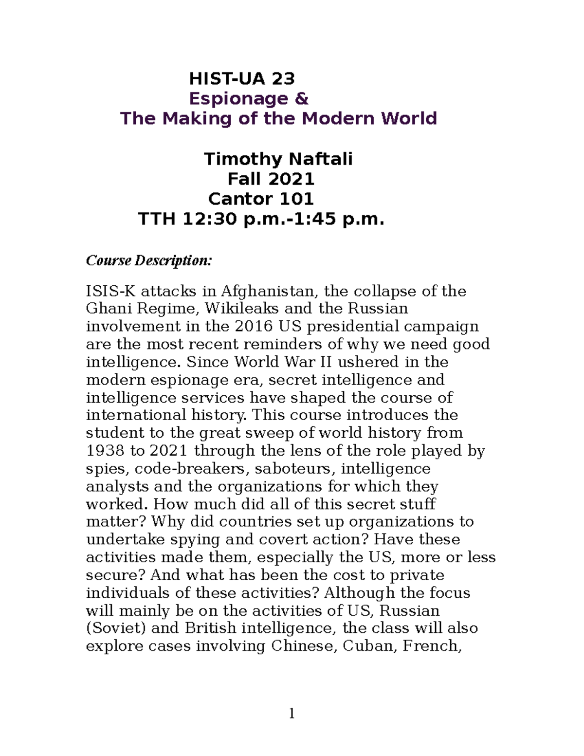 Hist UA-23 Syllabus FALL 2021 1 - HIST-UA 23 Espionage & The Making of ...
