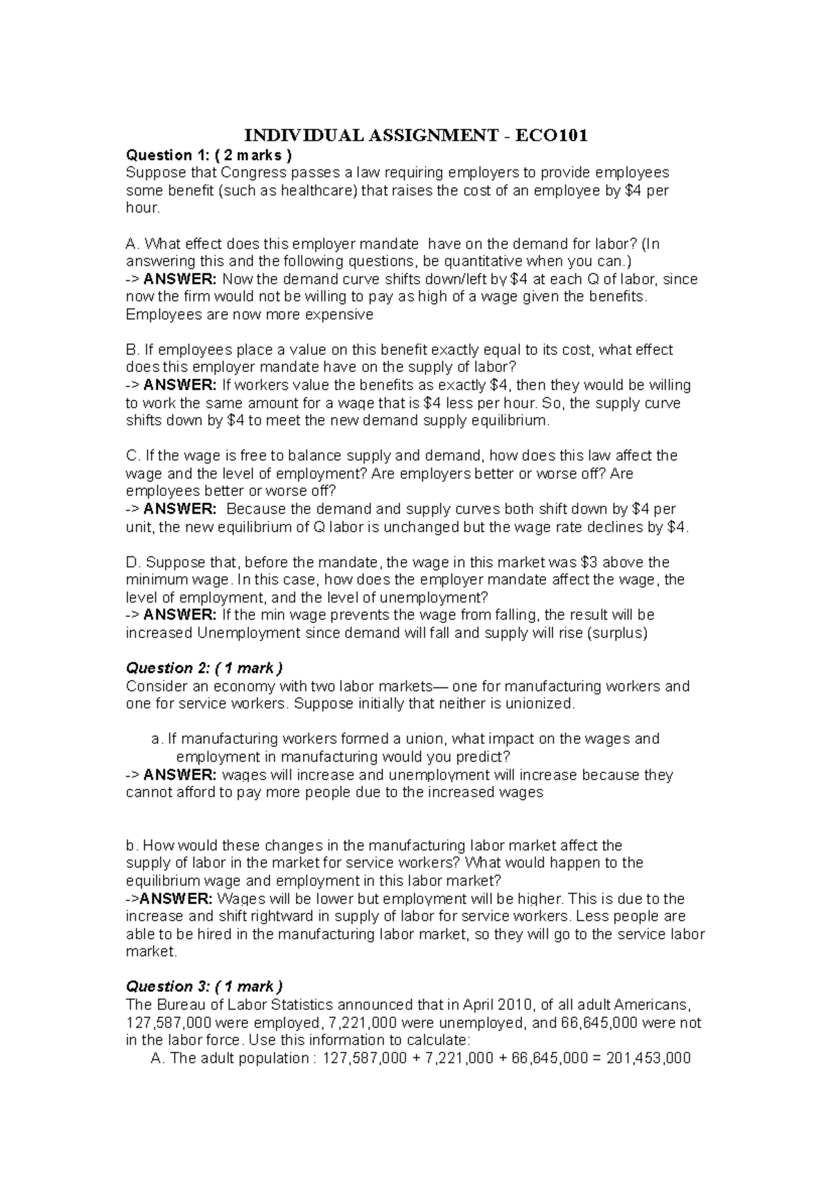 Individual 2- ECO101 - Question - INDIVIDUAL ASSIGNMENT - ECO Question 1: ( 2 marks ) Suppose ...